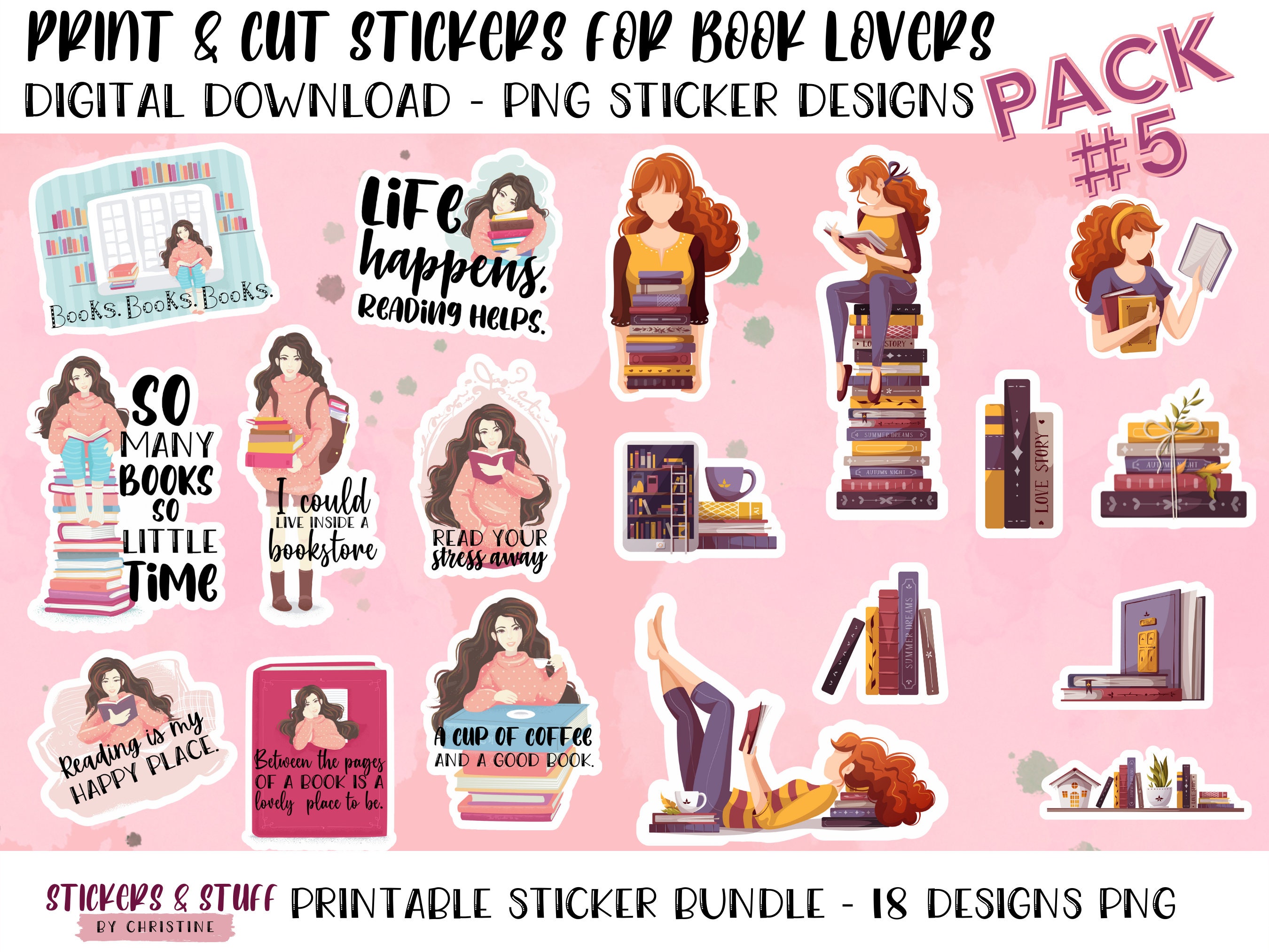 Printable Book Lover Stickers Pack 5 PNG Stickers for Print - Etsy ...