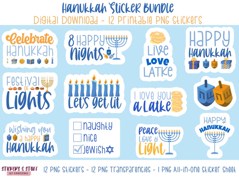 Printable Hanukkah Sticker Bundle: Menorah, Dreidels, Latkes (PNG ...