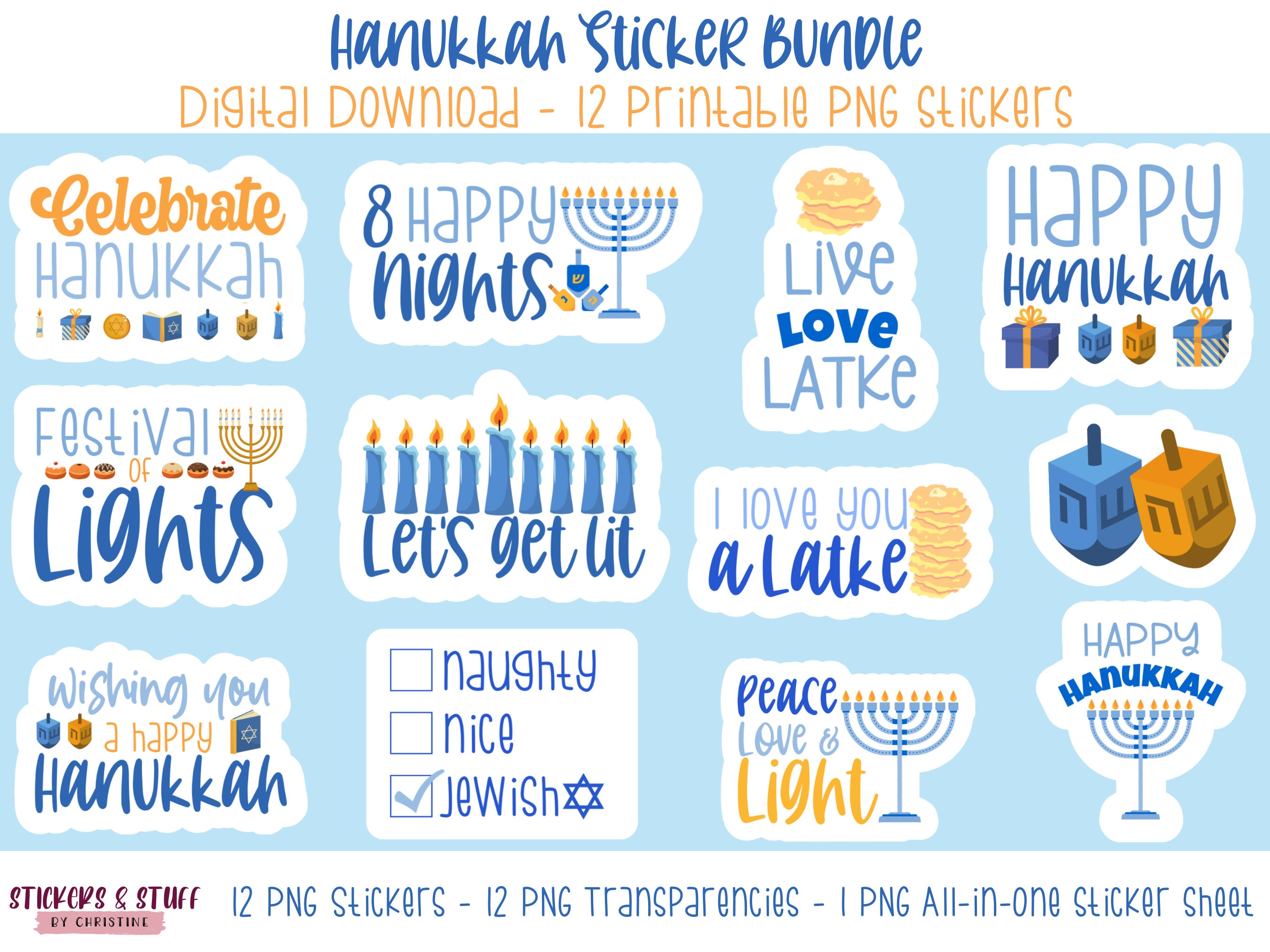 Printable Hanukkah Sticker Bundle: Menorah, Dreidels, Latkes (PNG ...