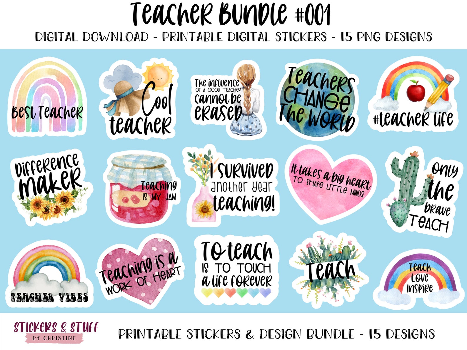 Printable Teacher PNG Sticker Design Bundle 1 Print and Cut - Etsy