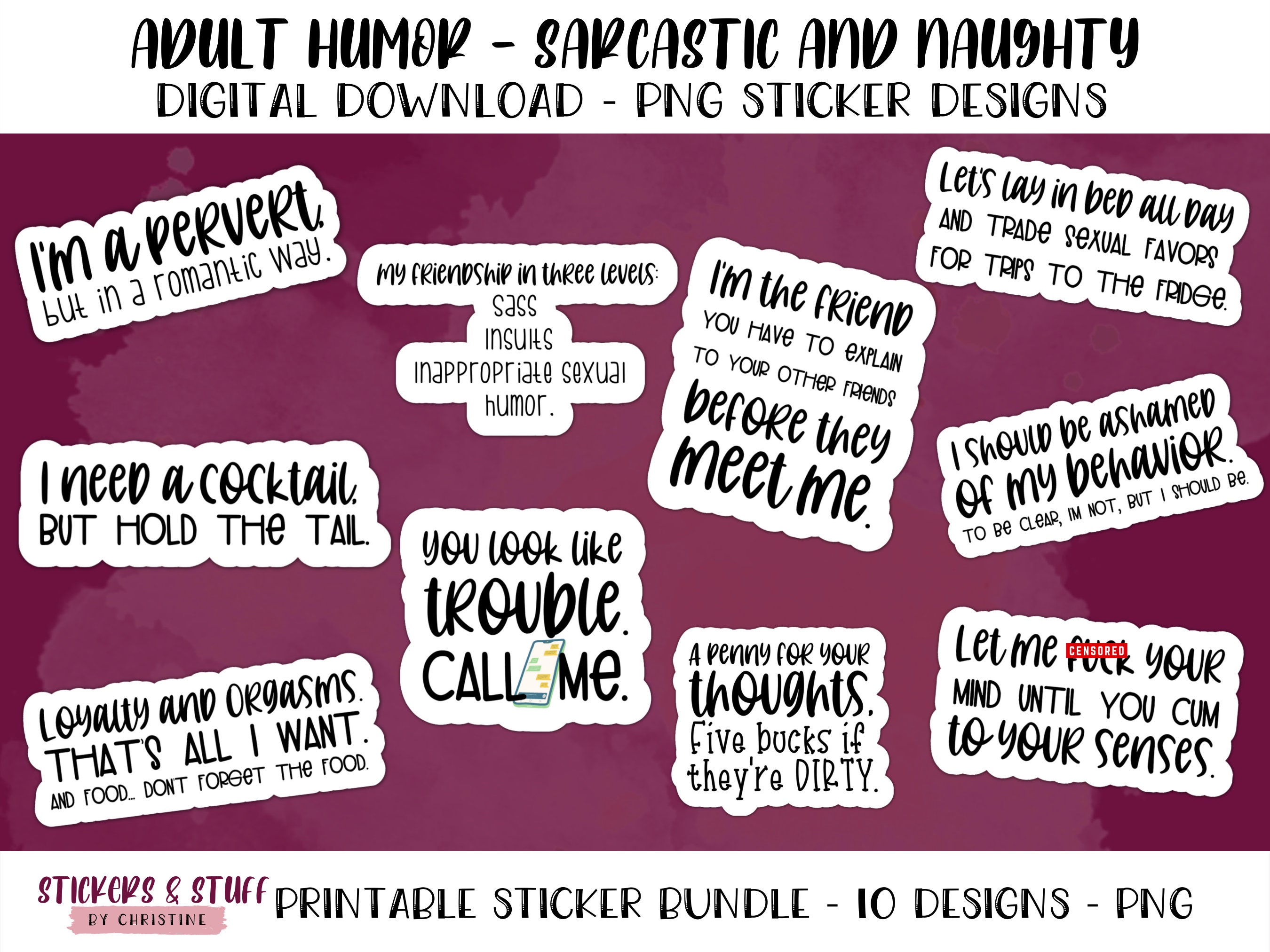 Printable Adult Sarcastic Funny Sticker Bundle, Printable PNG Digital ...
