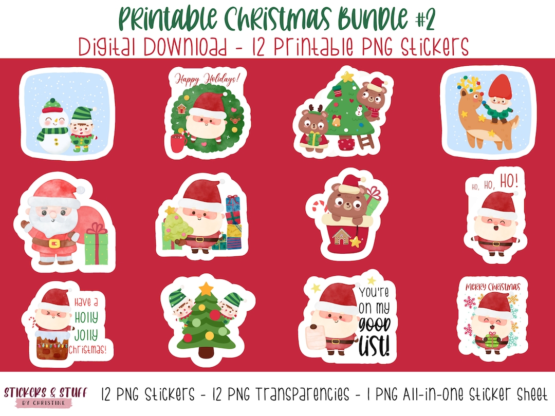 Printable PNG Christmas Stickers Bundle #2, PNG Digital Christmas ...