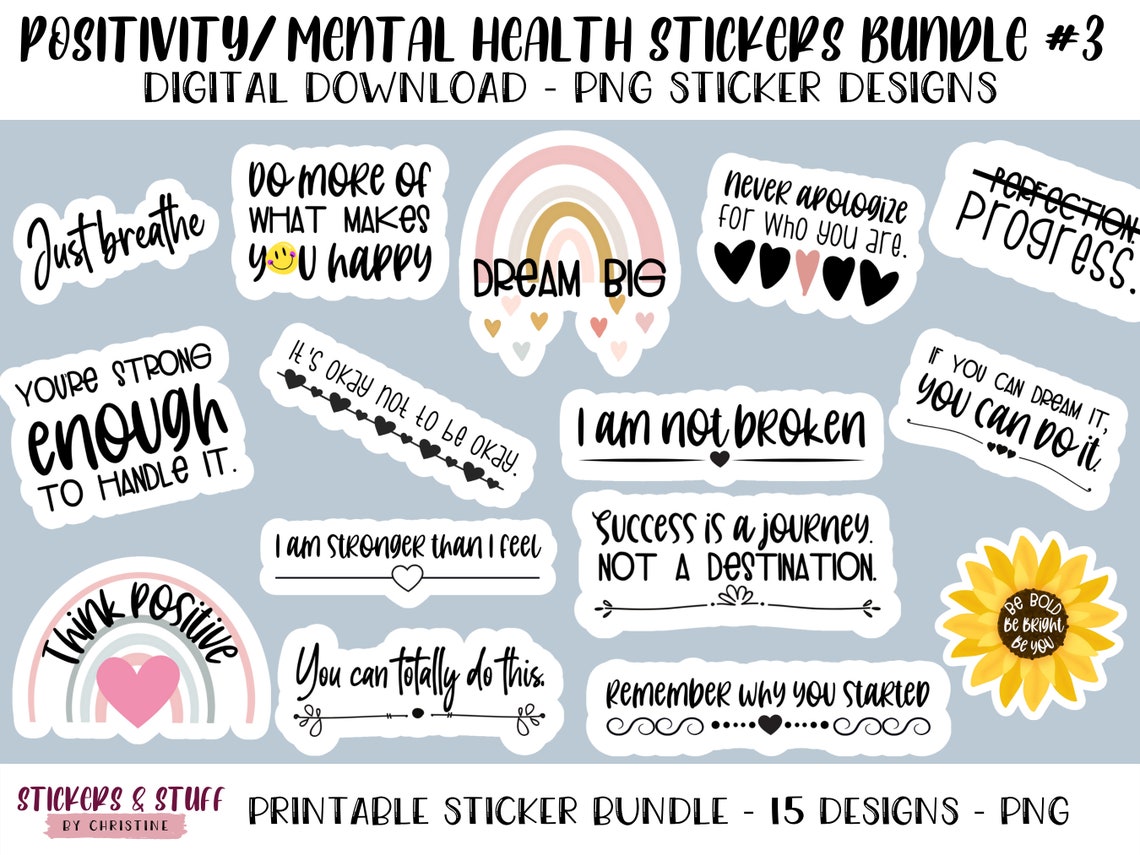 Positivity / Mental Health Printable Sticker Bundle, Digital PNG Design ...