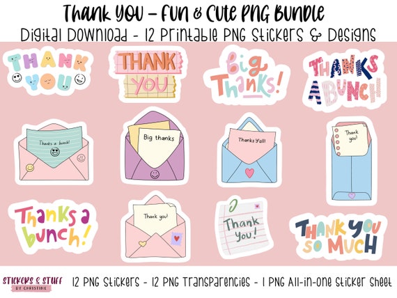 Printable PNG Thank You Fun & Cute Sticker and Design Bundle - Etsy