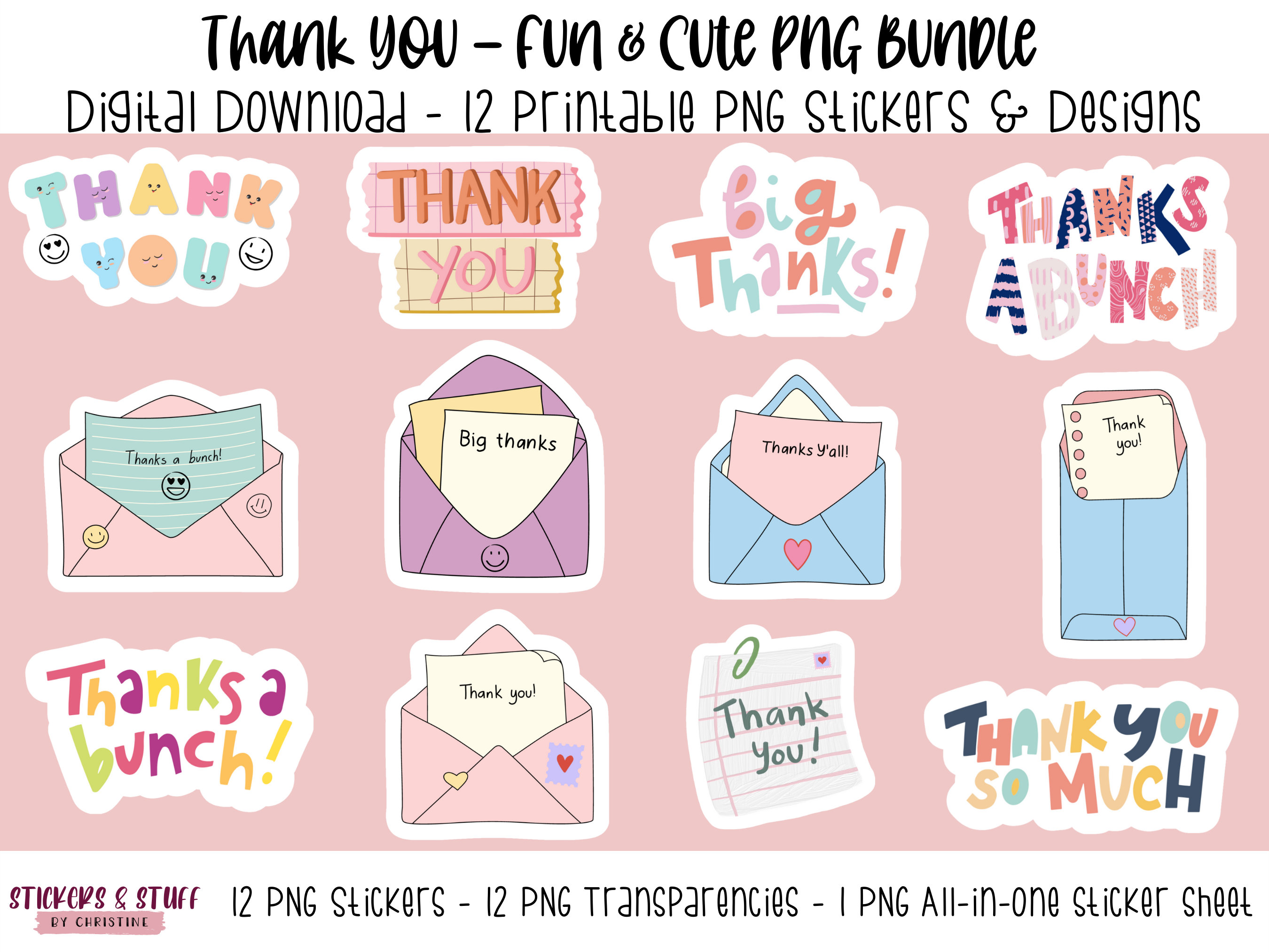 Printable PNG Thank You Fun & Cute Sticker and Design Bundle - Etsy New ...