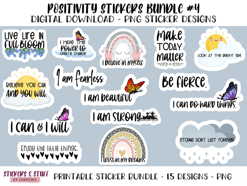 Positivity Design Bundle #4, Printable Stickers, PNG Sticker Bundle ...