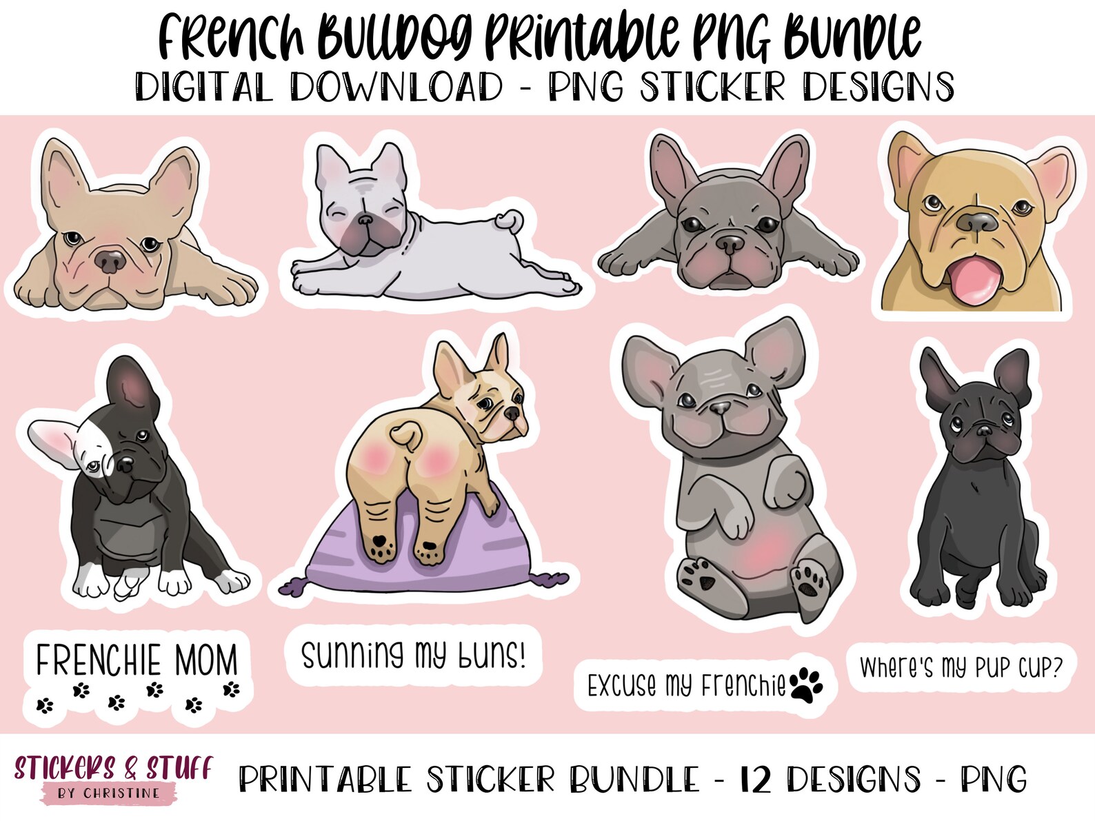 French Bulldog Printable PNG Sticker Bundle, Frenchie DIY Sticker ...