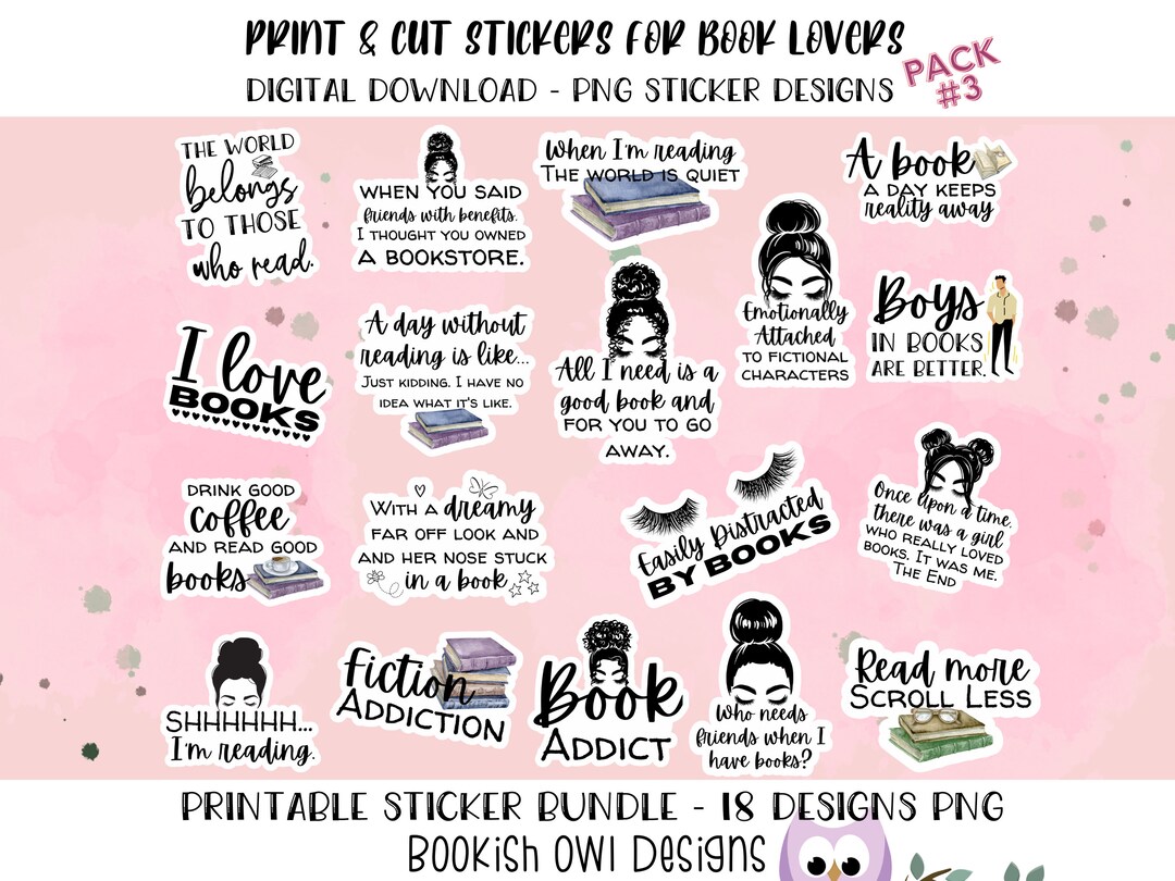Printable Book Lover Stickers Pack #3, PNG Stickers for Print and Cut ...