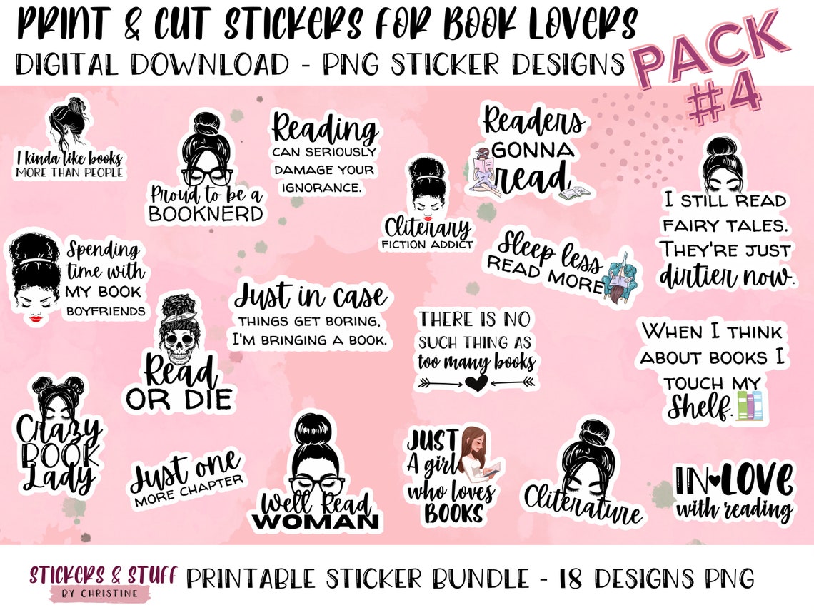 Printable Book Lover Stickers Pack 4 PNG Stickers for Print - Etsy