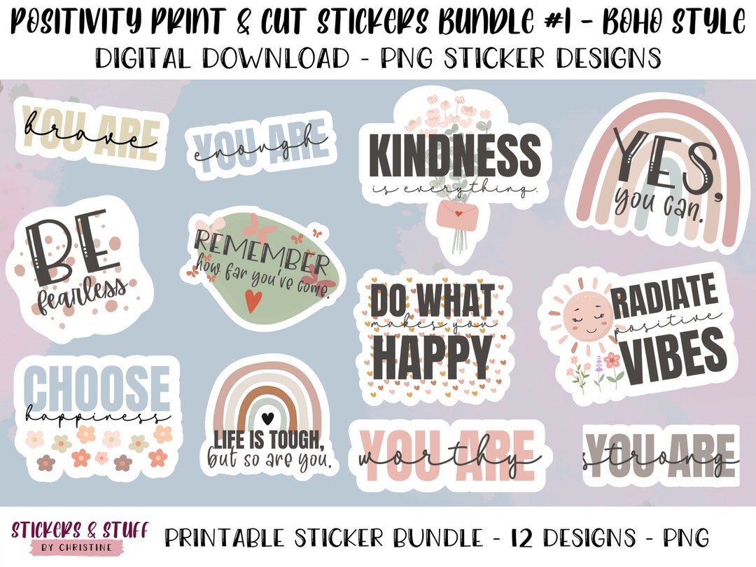 Positivity Print and Cut Downloadable Stickers in Boho Style, PNG ...