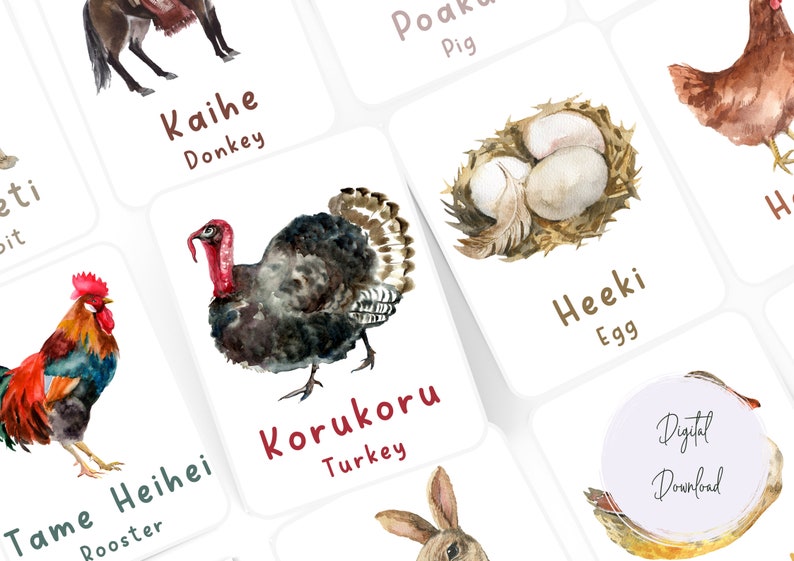 Farm Animals in Maori & English Flashcards Instant Digital | Etsy