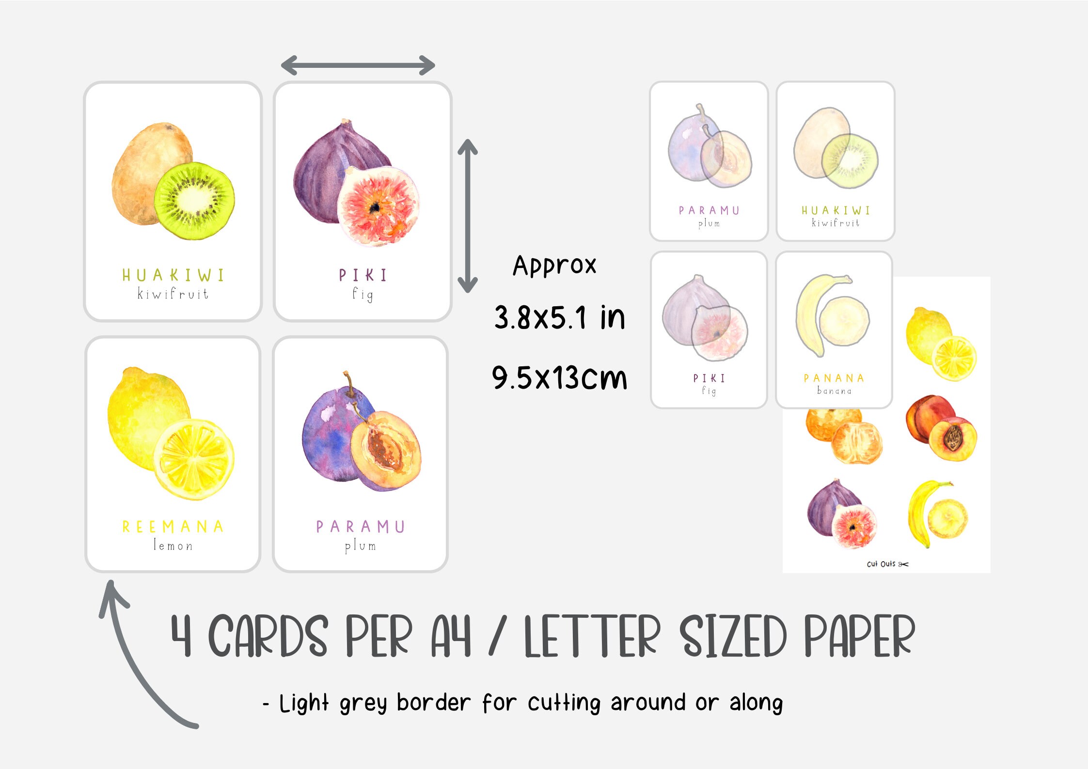 Watercolor Fruit Flashcards in Maori & English With Matching Fruits ...