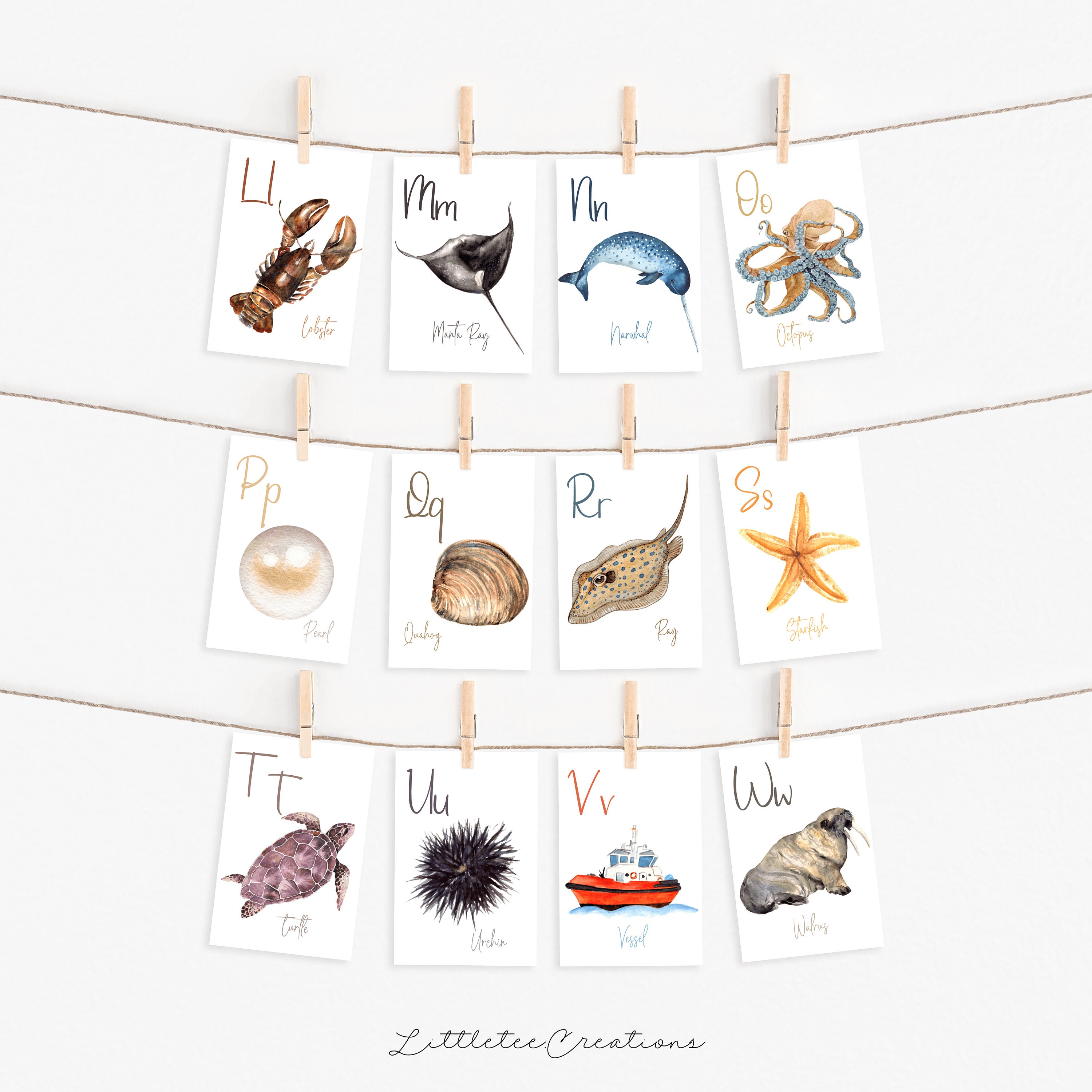 ABC Ocean Flashcards, Instant Digital Download, PNG Printable, Little ...