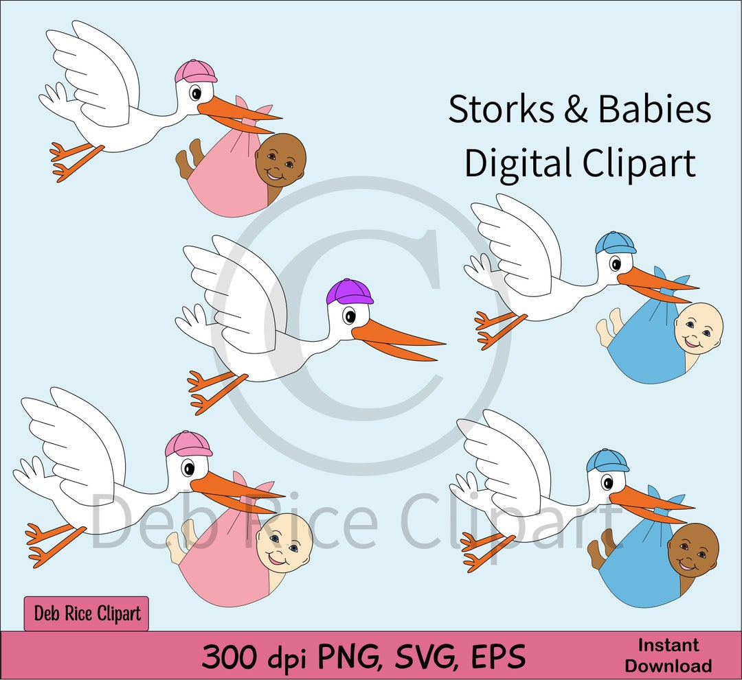 Storks & Babies Digital Clipart Stork Carrying Babies, Stork, Baby ...