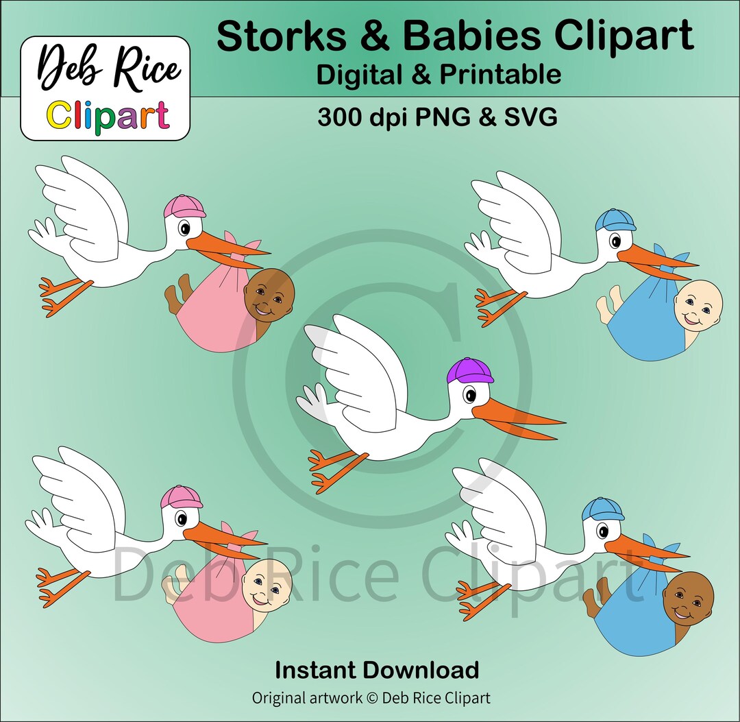 Storks & Babies Clipart Stork Carrying Babies, Stork, Baby Shower Favor ...