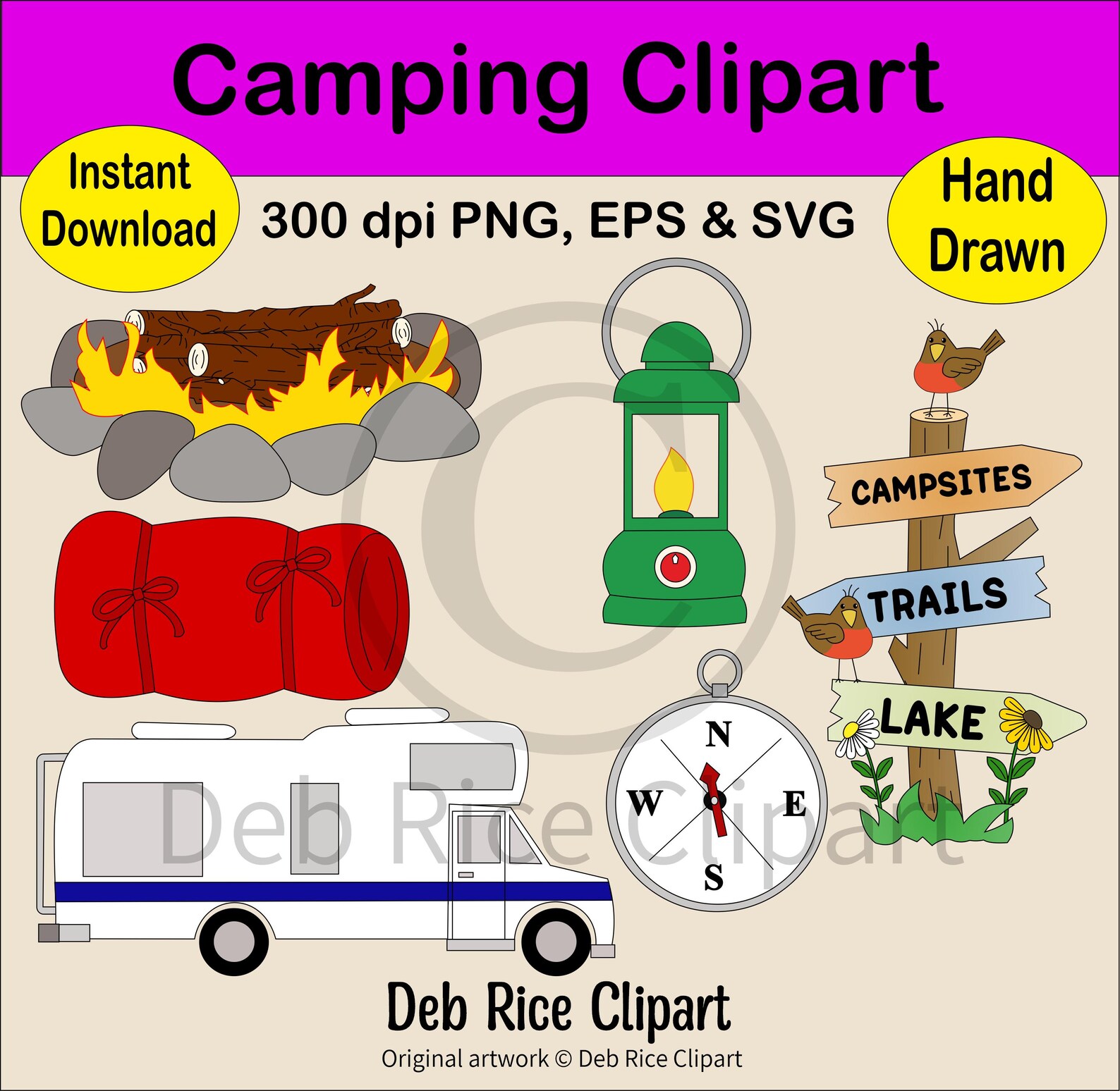 Camping Clipart - Campfire, Popup Camper, Tent, S'mores, PNG, EPS, SVG ...
