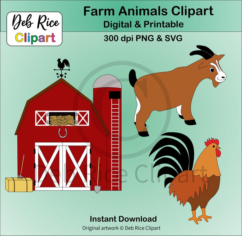 Farm Animals Clipart Barn, Cow, Horse, Goat, Pig, Bull, Sheep, Rooster ...