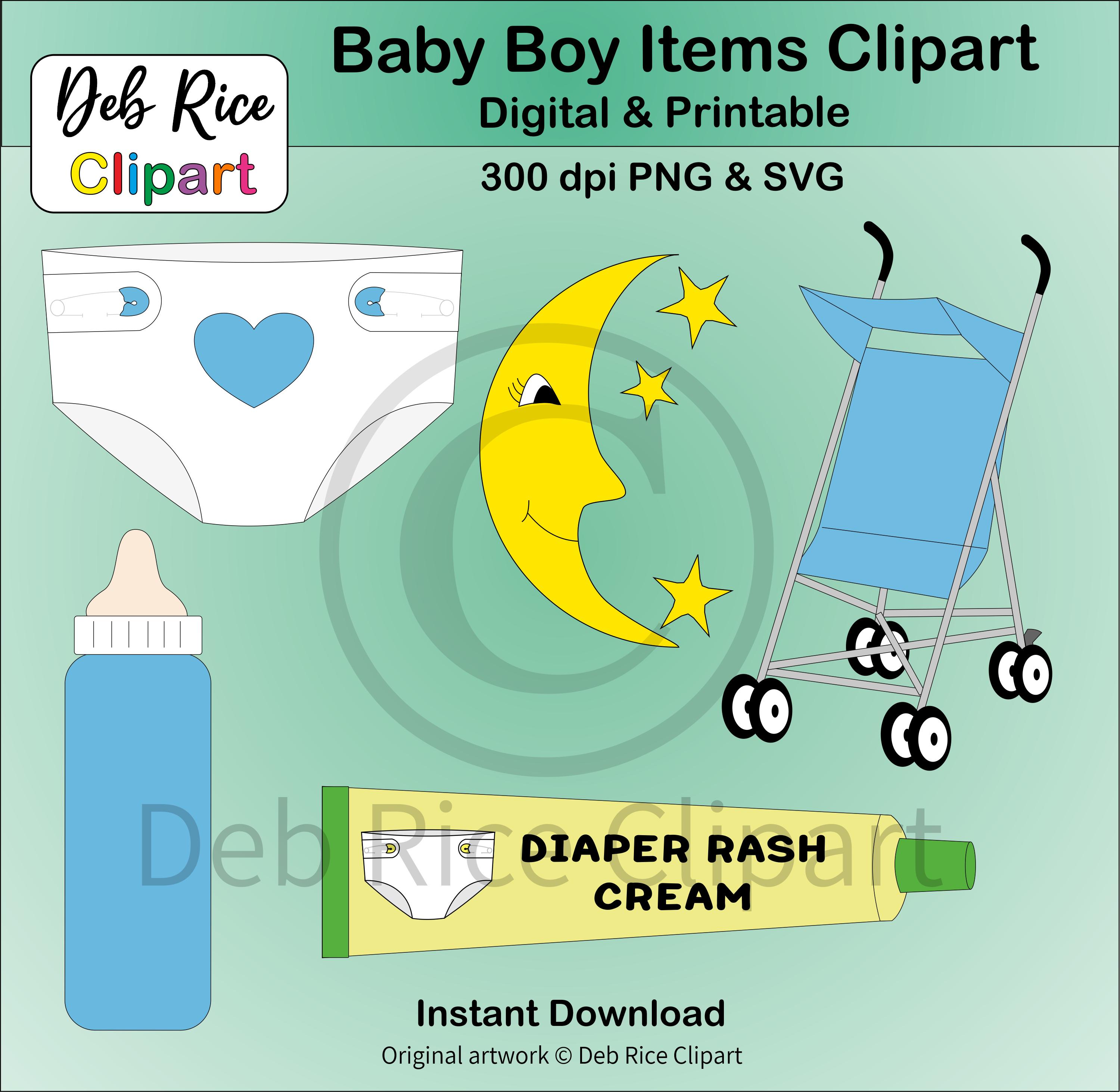 Baby Boy Items Clipart Diaper, Sippy Cup, Diaper Rash Cream, Bottles ...