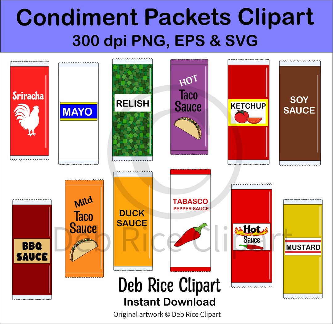 Condiment Packets Clipart - Ketchup Pkt, Taco Sauce Pkt, Mustard Pkt ...