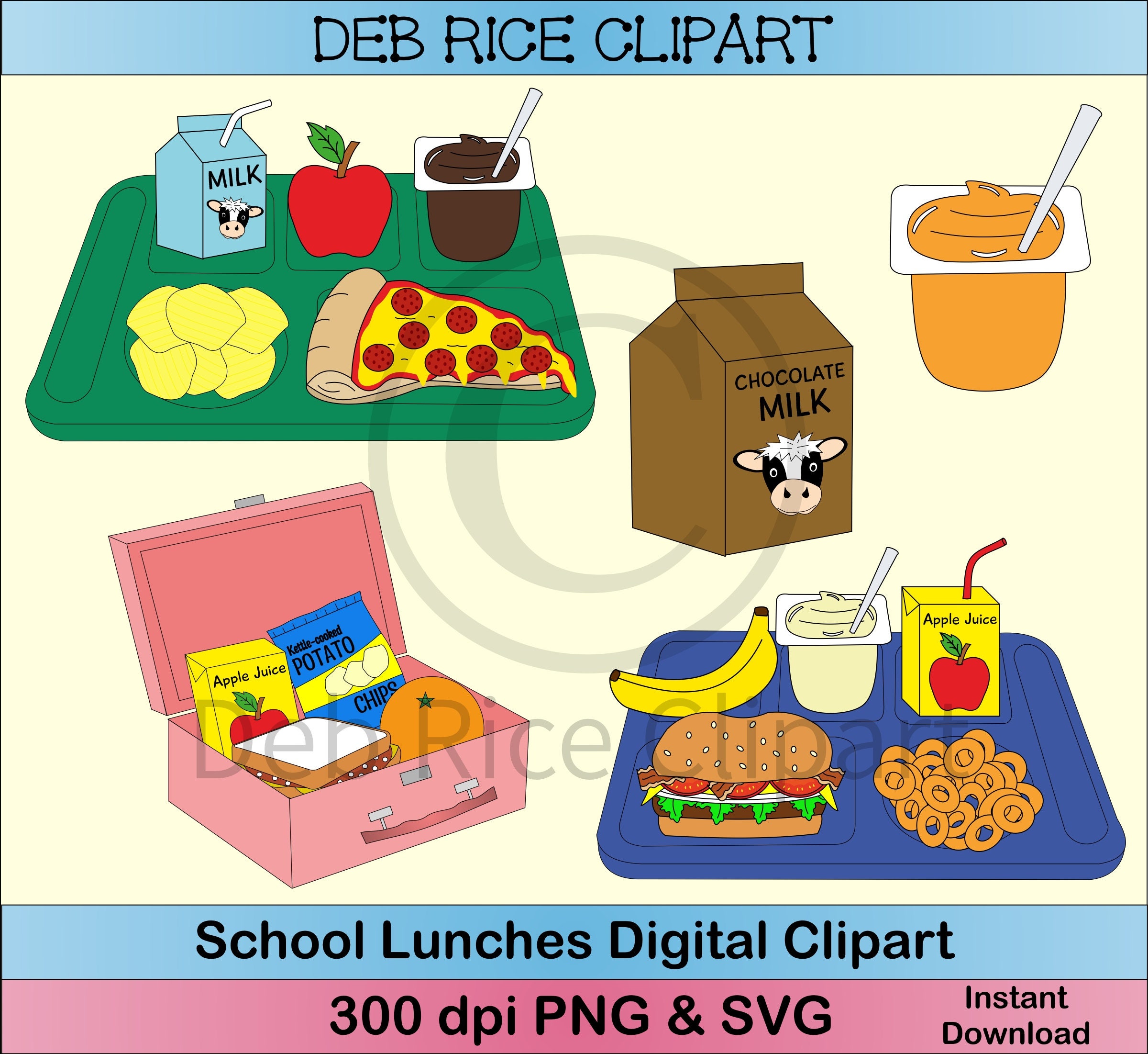 School Lunches Digital Clipart Lunchboxes, School Lunch Trays, Apple ...