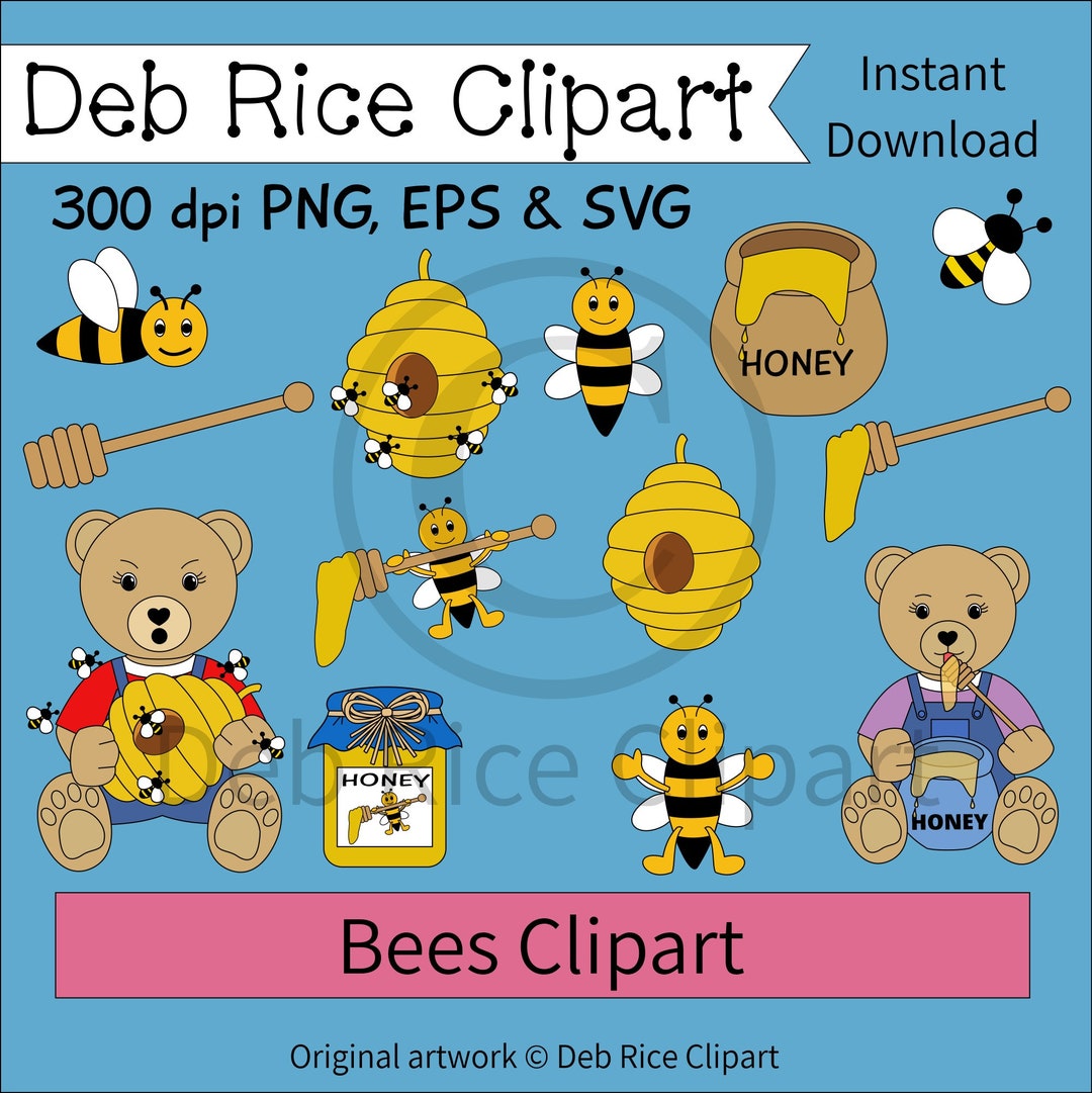 Bees Clipart Beehives, Bear With Honey Pot, Bees, Honey Dippers, Honey ...