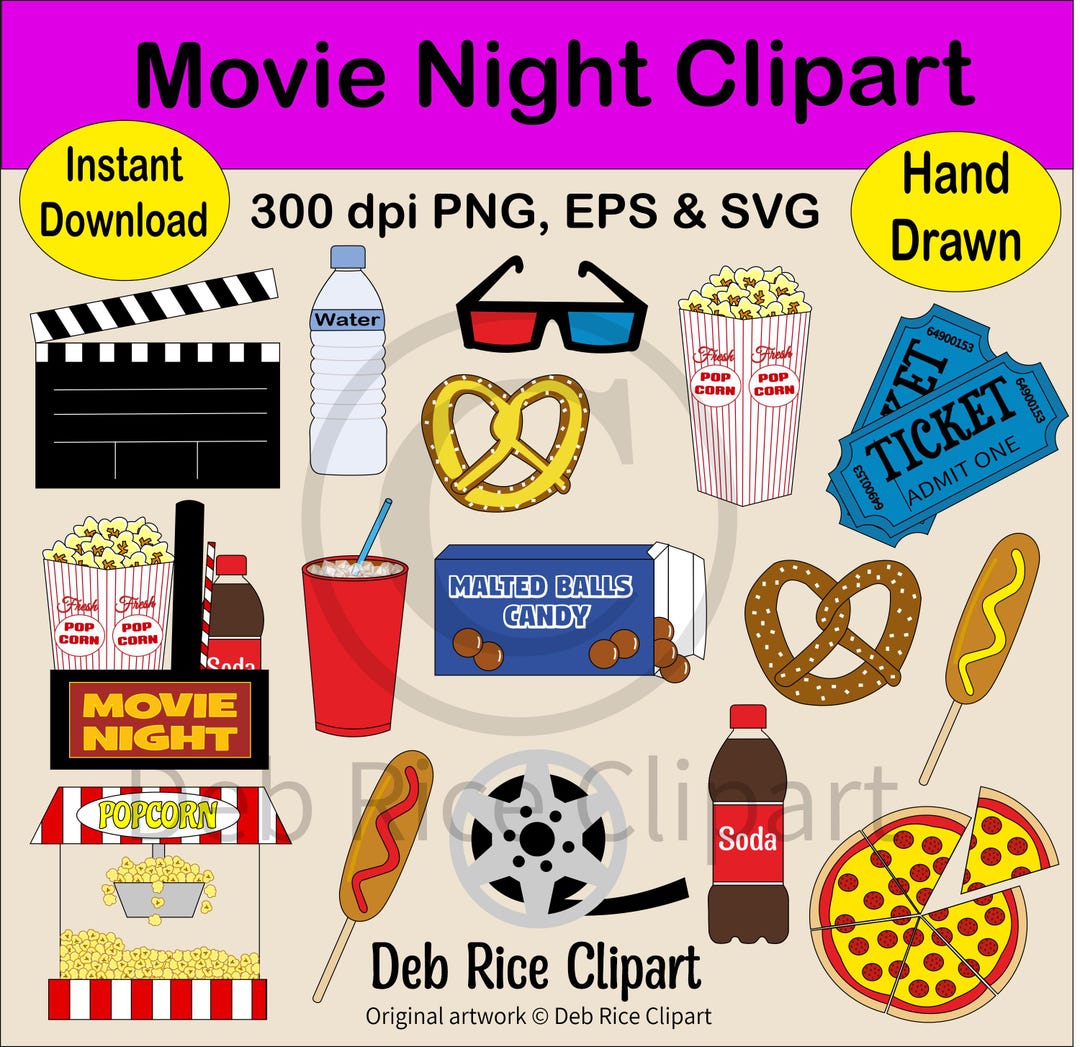 Movie Night Clipart - Popcorn, Tickets, 3D Glasses, PNG, EPS, SVG ...