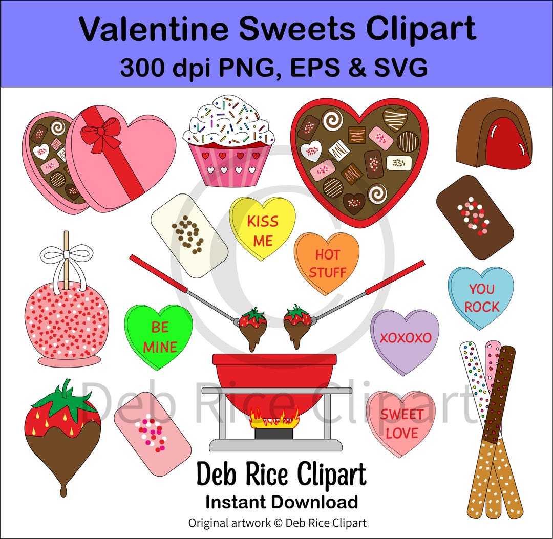 Valentine Sweets Clipart - Valentine Heart Candy Box, Candy Apple, Choc ...
