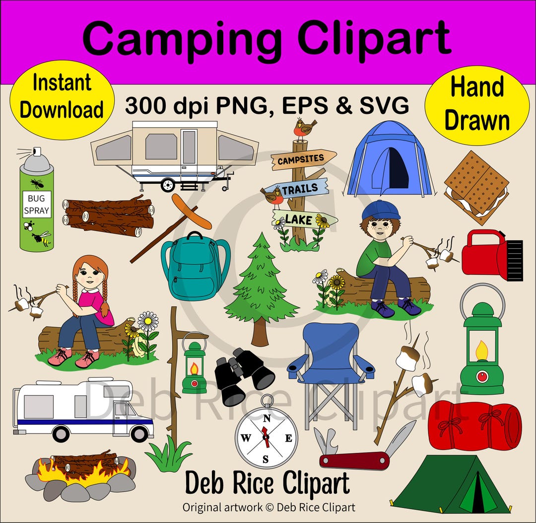 Camping Clipart - Campfire, Popup Camper, Tent, S'mores, PNG, EPS, SVG ...