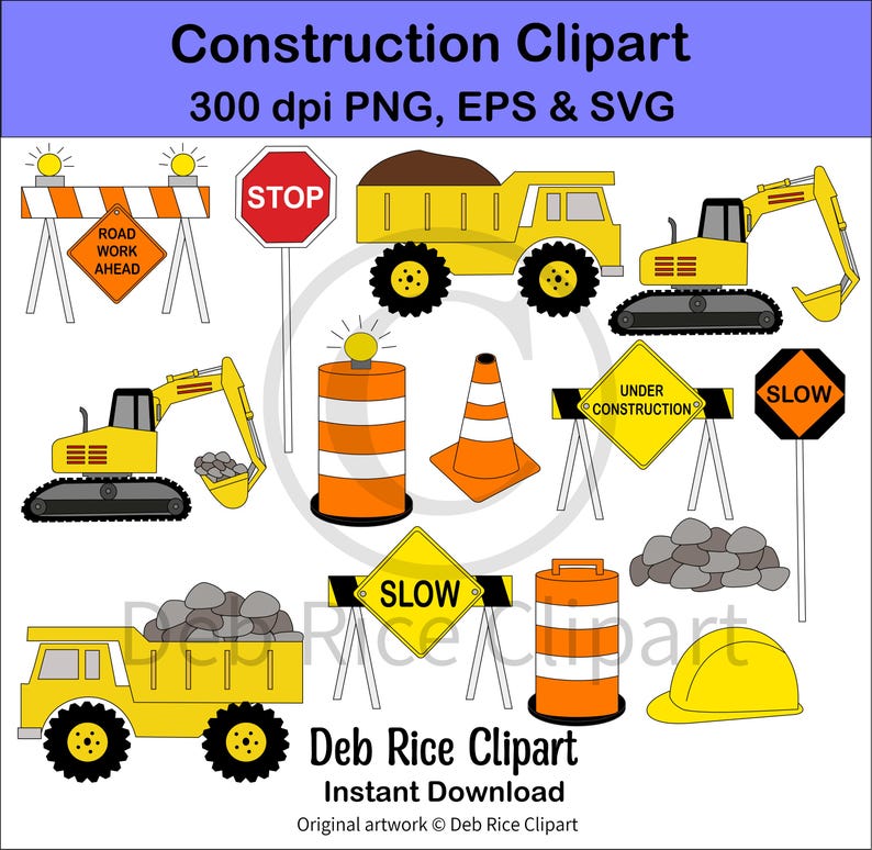 Construction Clipart - Dump Trucks, Hard Hat, Road Work Ahead Barrier, Excavators, Flagger Poles ...