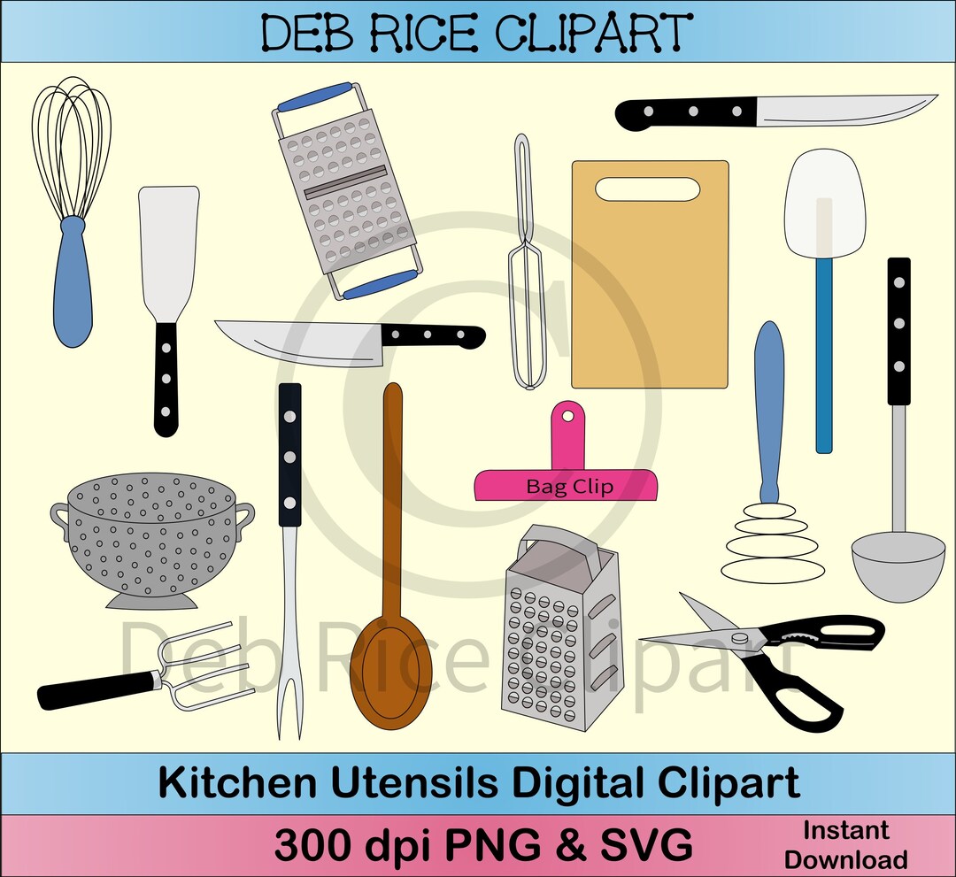 Kitchen Utensils Digital Clipart Graters, Colander, Knives, Bag Clip ...