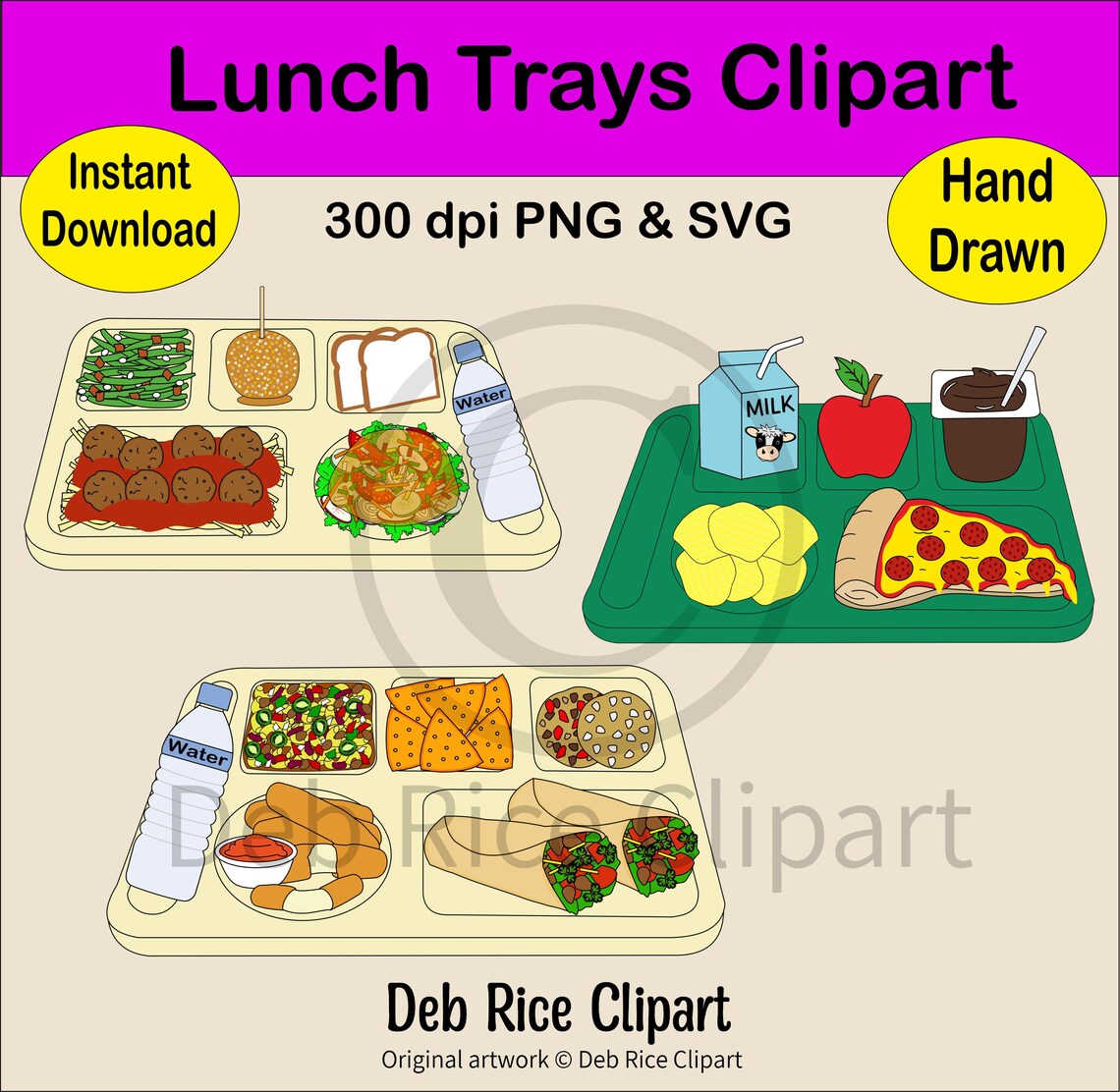 Lunch Trays Clipart - Cafeteria Foods, PNG, EPS, SVG, Instant Digital ...