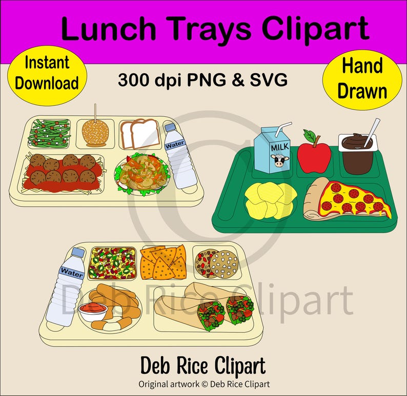 Lunch Trays Clipart - Cafeteria Foods, PNG, EPS, SVG, Instant Digital ...