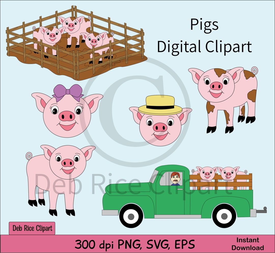 Pigs Digital Clipart Pigs in Sty, Muddy Pig, Pigs in Pickup Truck, Pig ...
