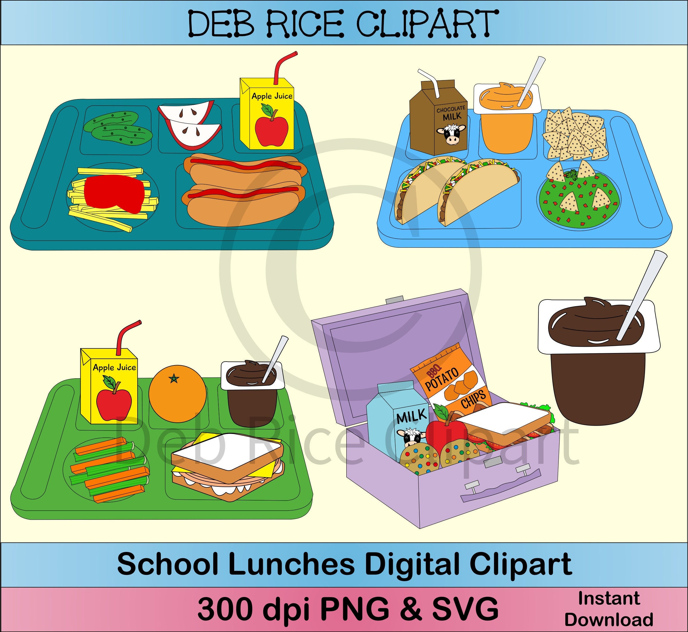 School Lunches Digital Clipart Lunchboxes, School Lunch Trays, Apple ...
