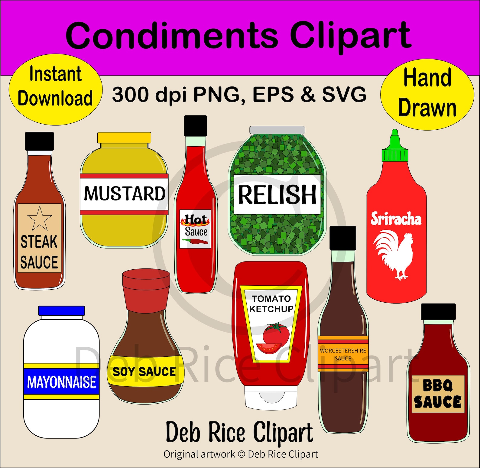 Condiments Clipart - Ketchup, Mustard, Sriracha, Relish, PNG, EPS, SVG ...