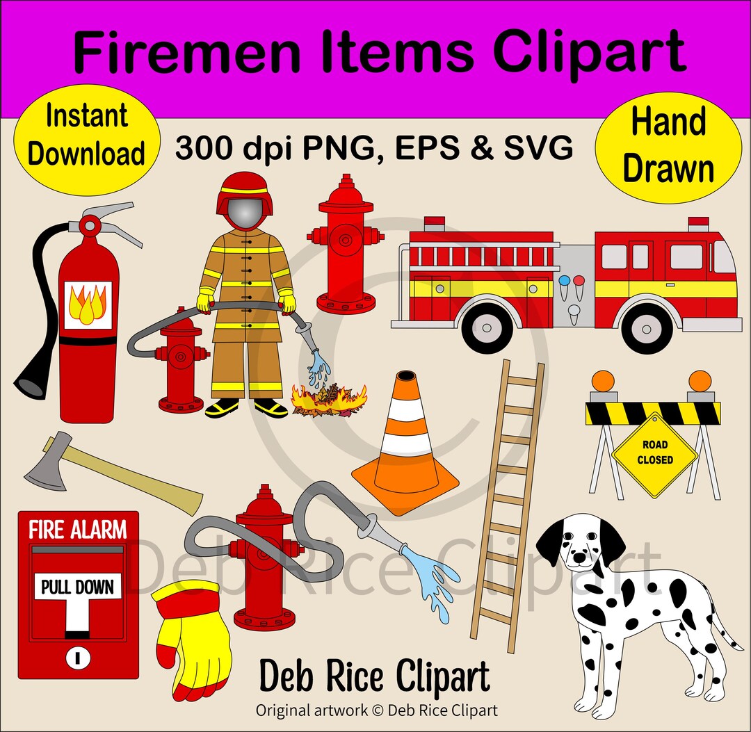 Fireman Items Clipart - Fire Truck, Dalmatian, Hydrant, PNG, EPS, SVG ...