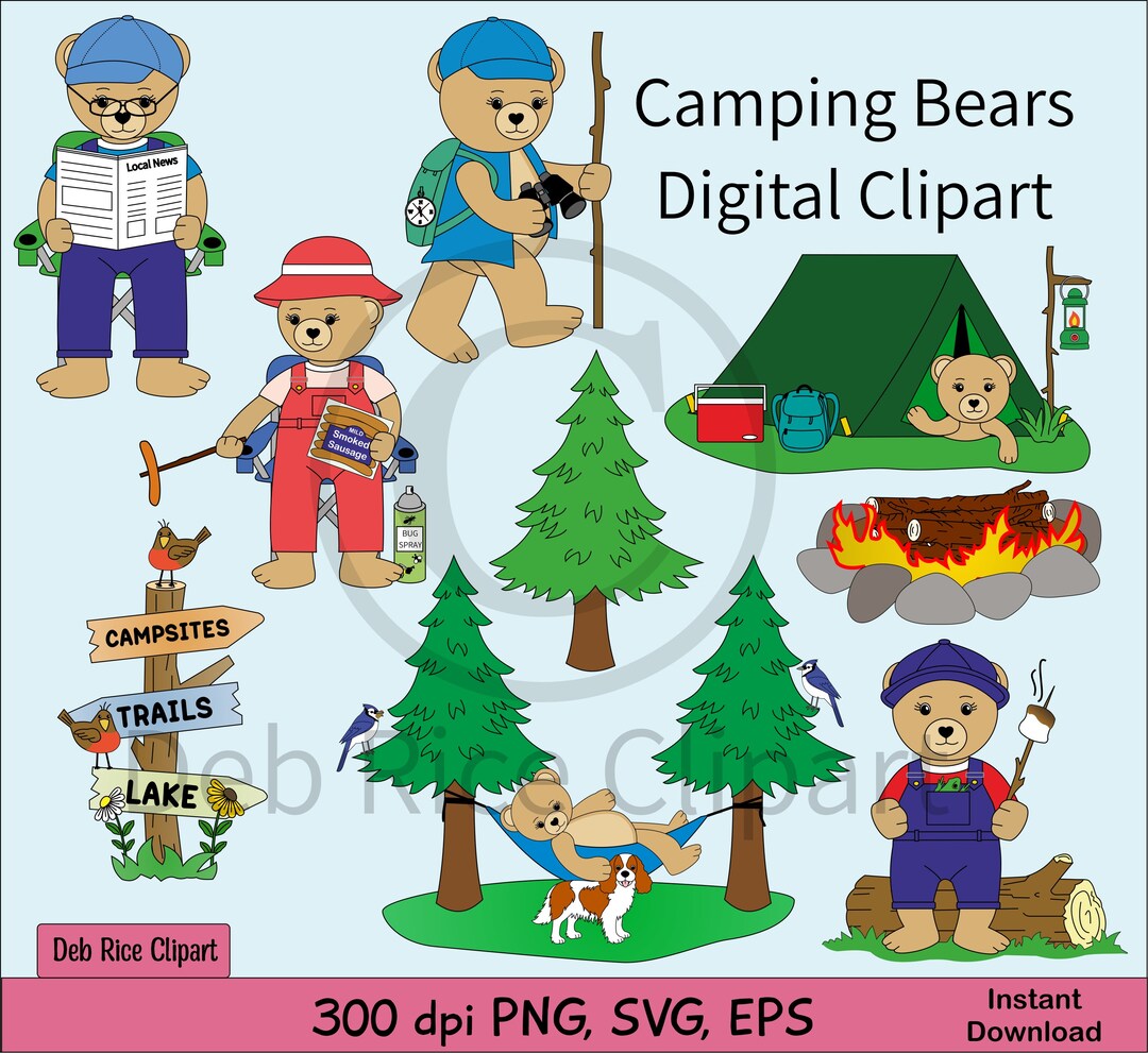 Camping Bears Digital Clipart Bear Hiking Holding Binoculars, Bear on ...