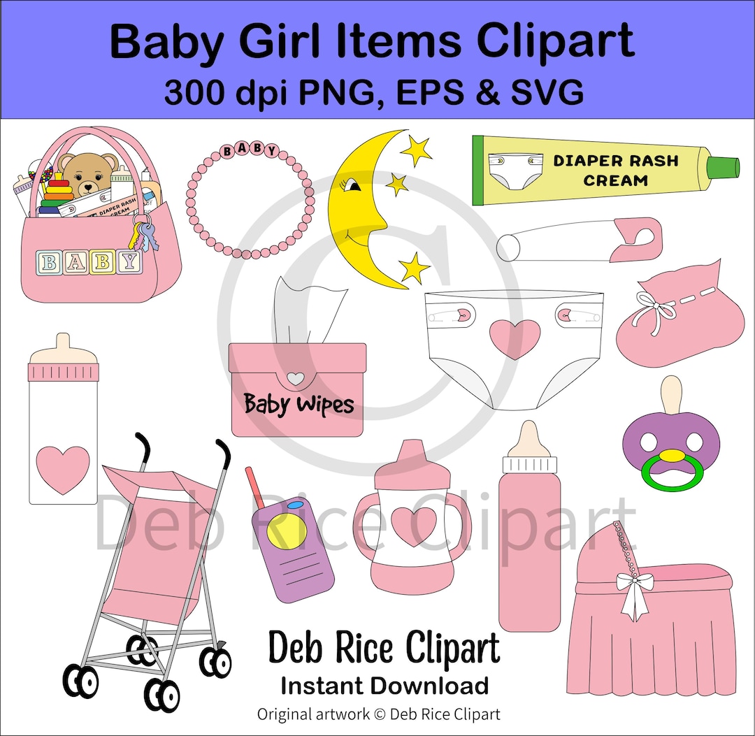 Baby Girl Items Clipart - Diaper, Sippy Cup, Diaper Rash Cream, Bottles ...