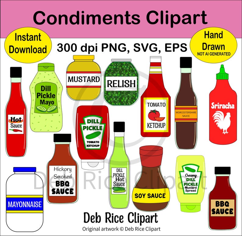 Condiments Clipart - Ketchup, Mustard, Sriracha, Relish, PNG, SVG, EPS ...