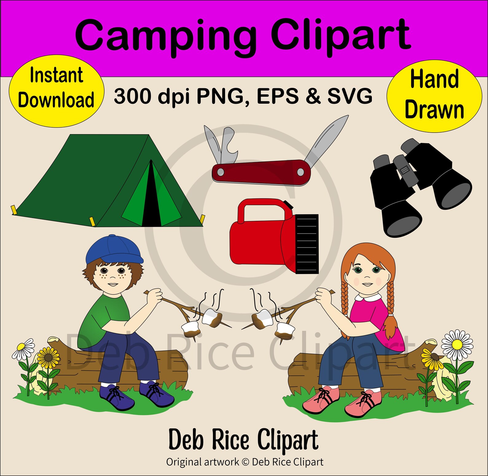 Camping Clipart - Campfire, Popup Camper, Tent, S'mores, PNG, EPS, SVG ...
