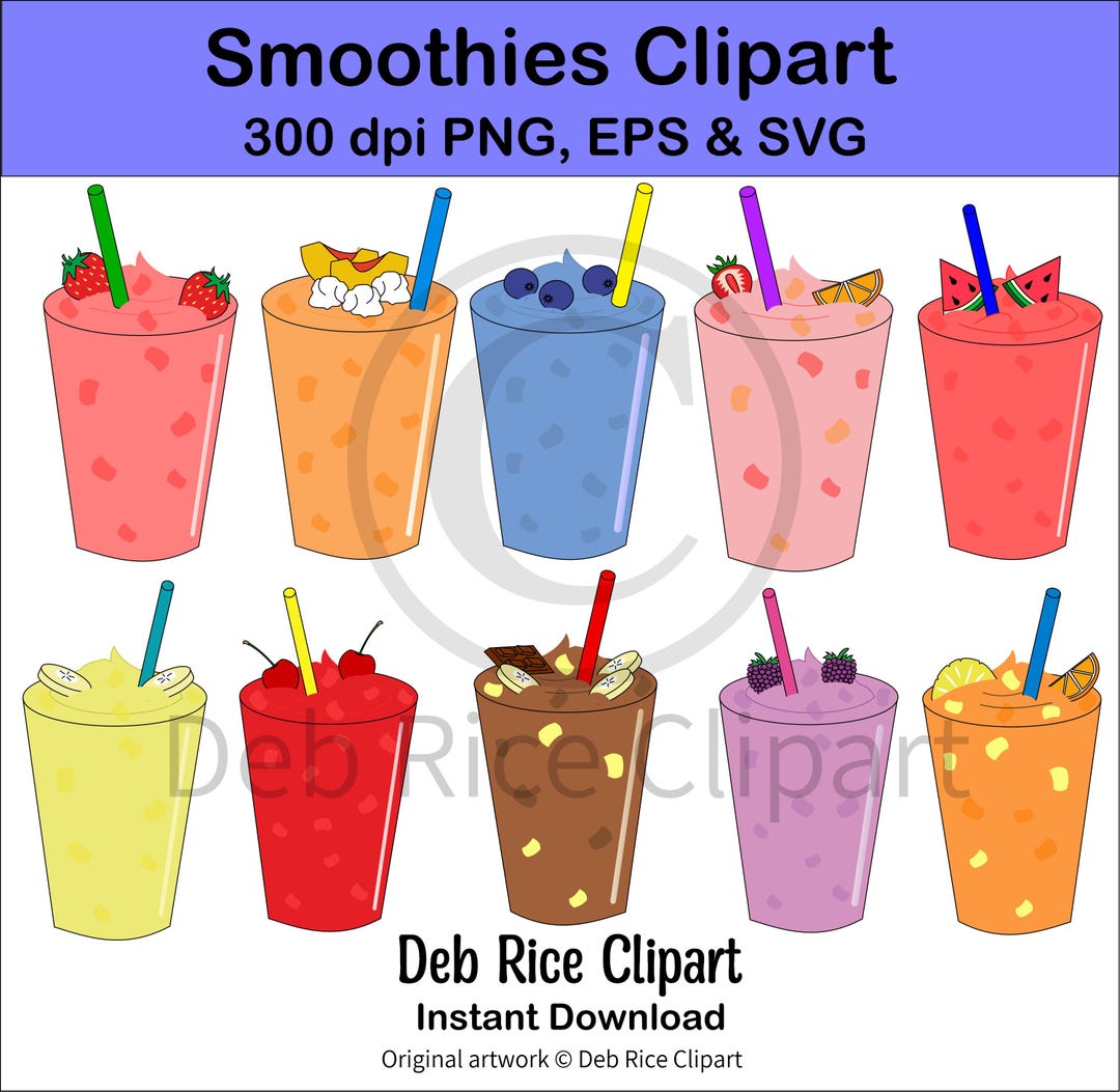 Smoothies Clipart - Strawberry Smoothie, Peach Smoothie, Blueberry ...