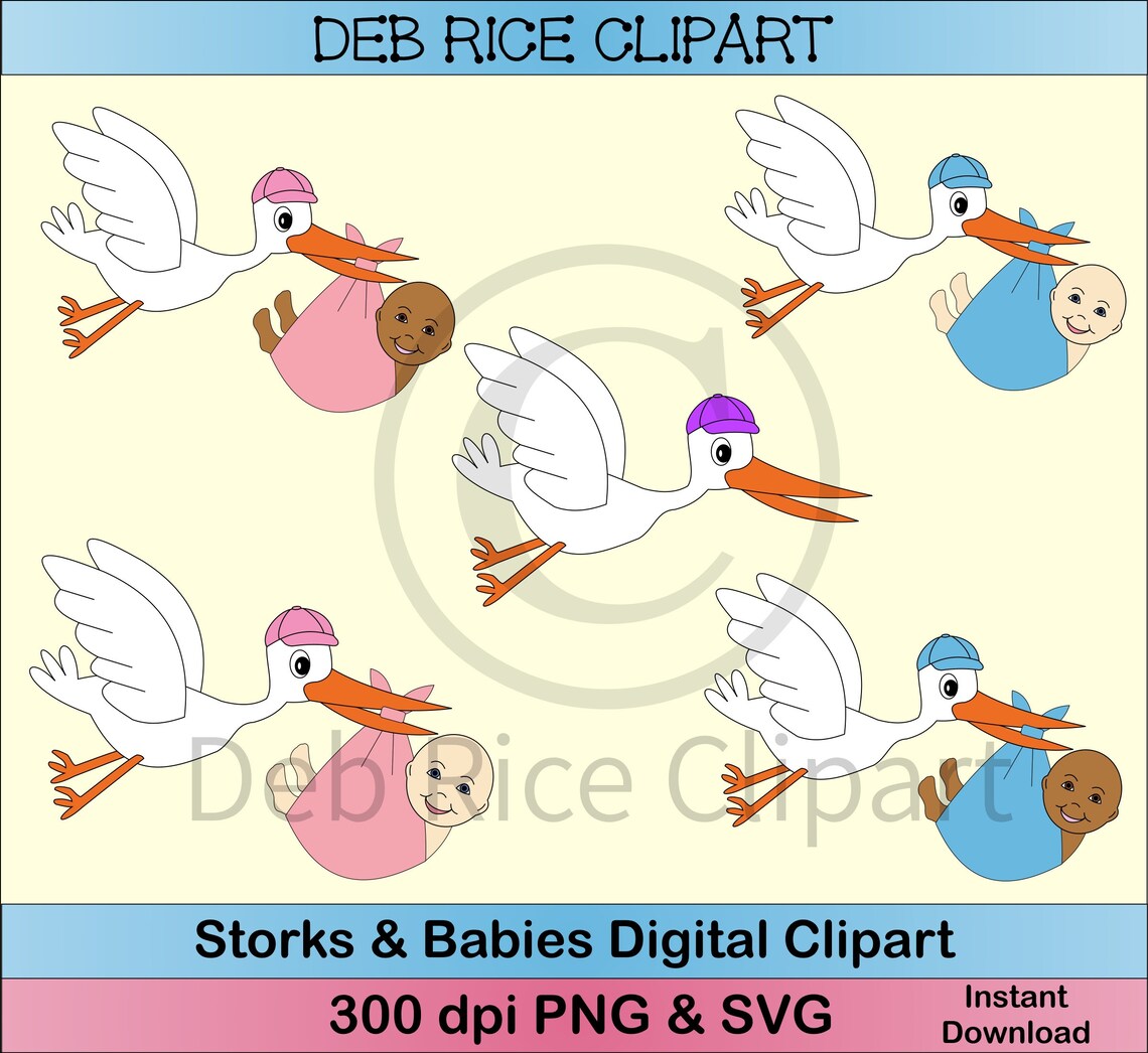 Storks & Babies Digital Clipart Stork Carrying Babies, Stork, Baby ...