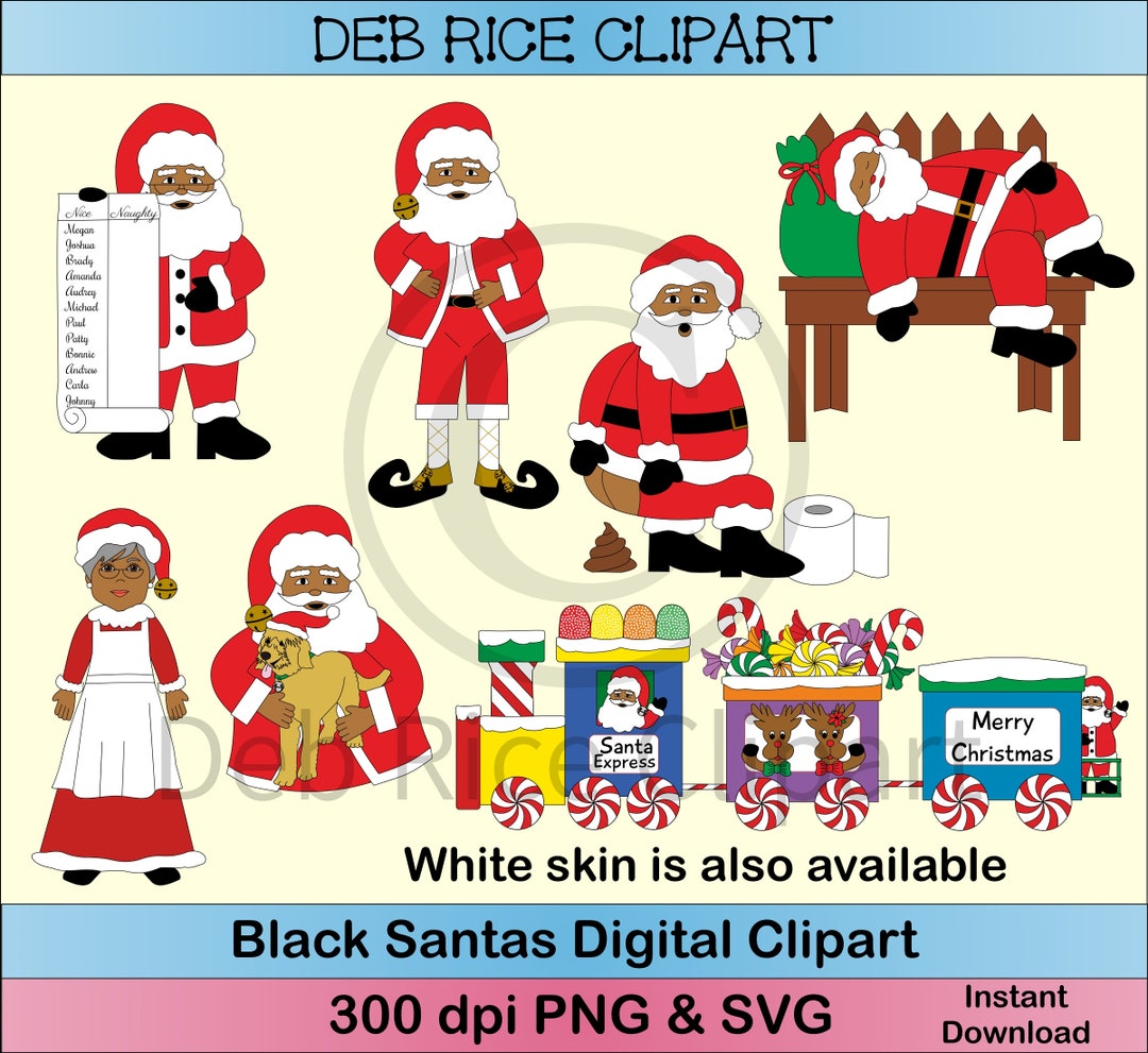 Black Santas Digital Clipart Black Whimsical Santa, Black Mrs. Claus ...
