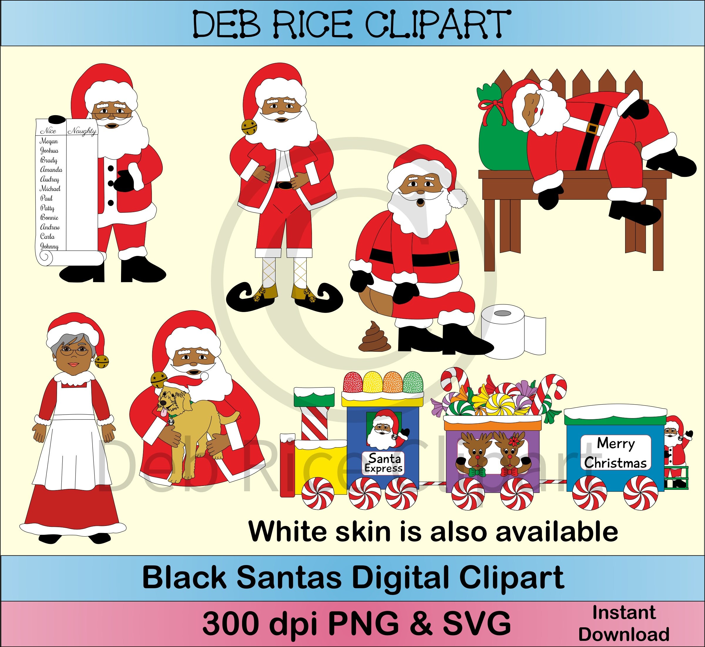 Black Santas Digital Clipart Black Whimsical Santa, Black Mrs. Claus ...