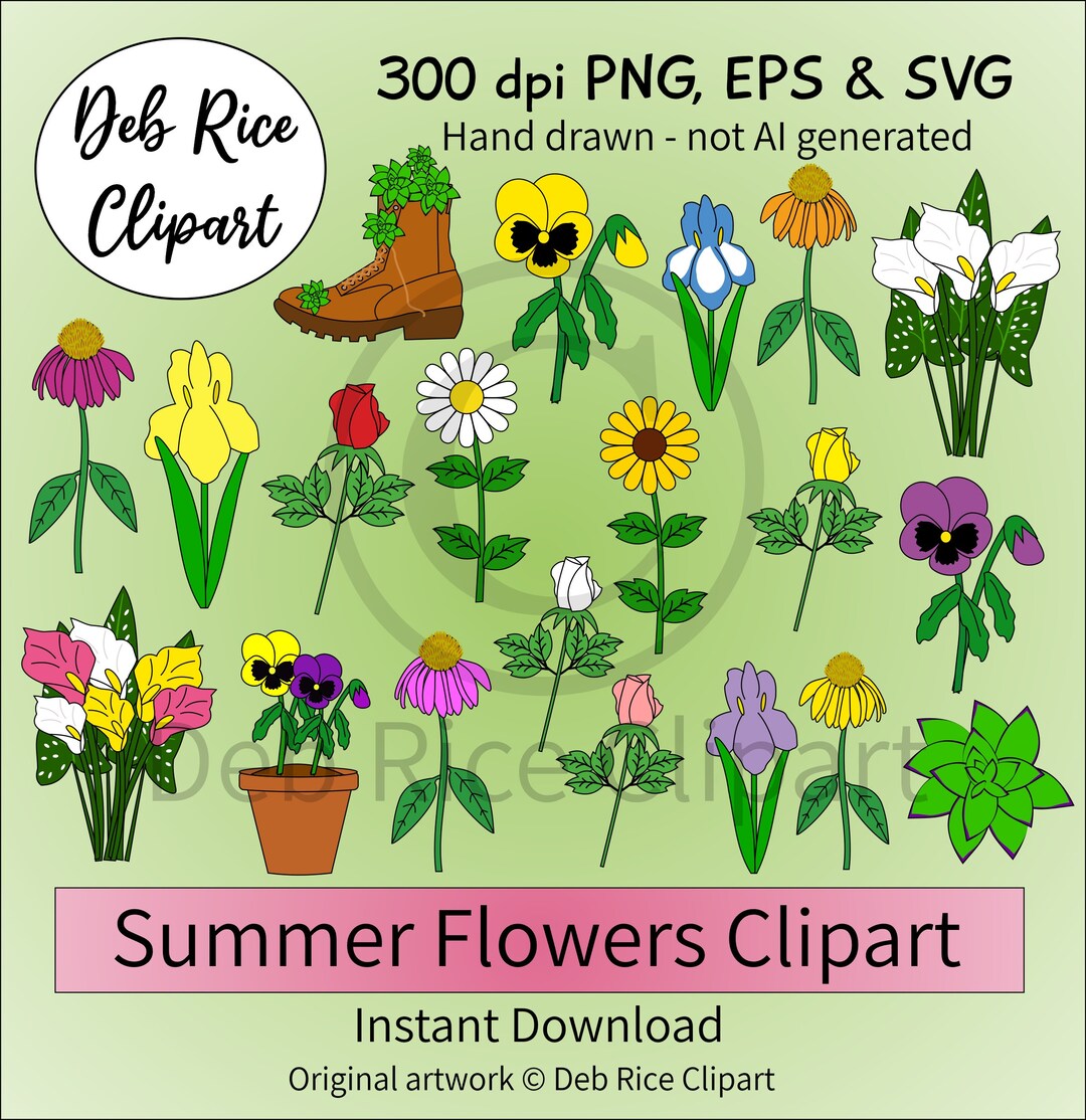 Summer Flowers Clipart Iris, Hen & Chicks, Coneflowers, Rose Buds ...