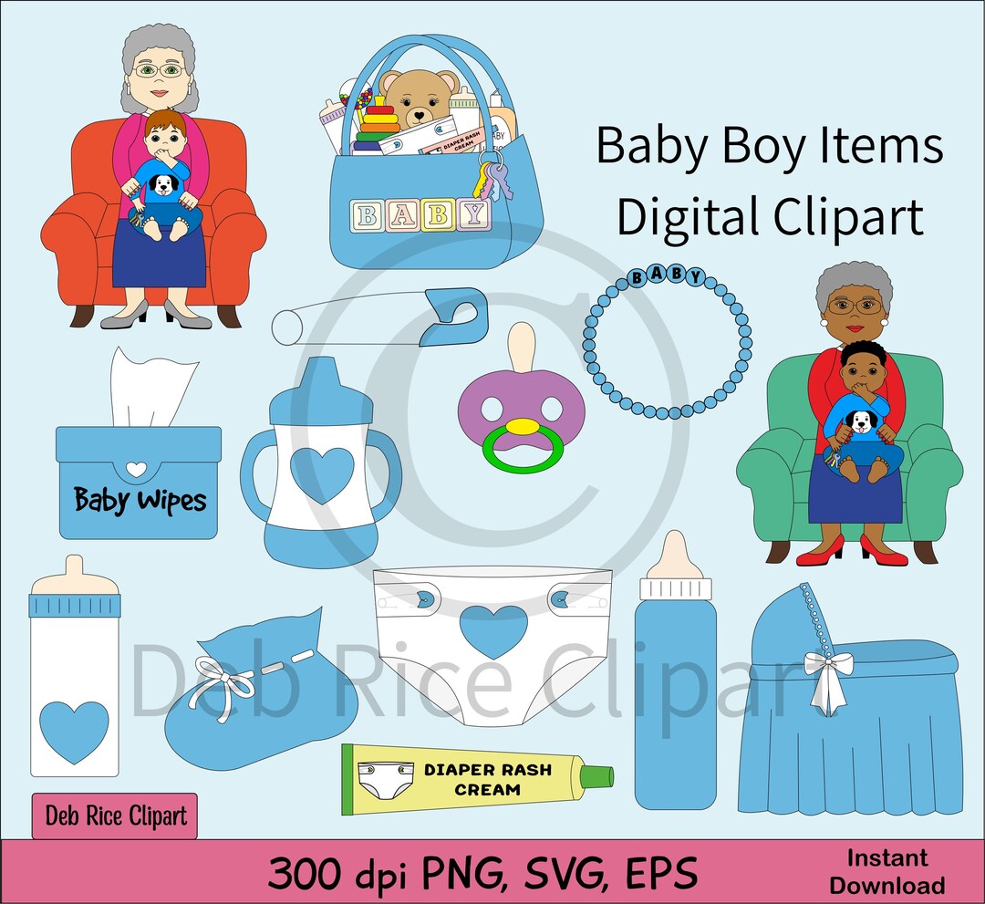 Baby Boy Items Digital Clipart Diaper, Sippy Cup, Diaper Rash Cream ...