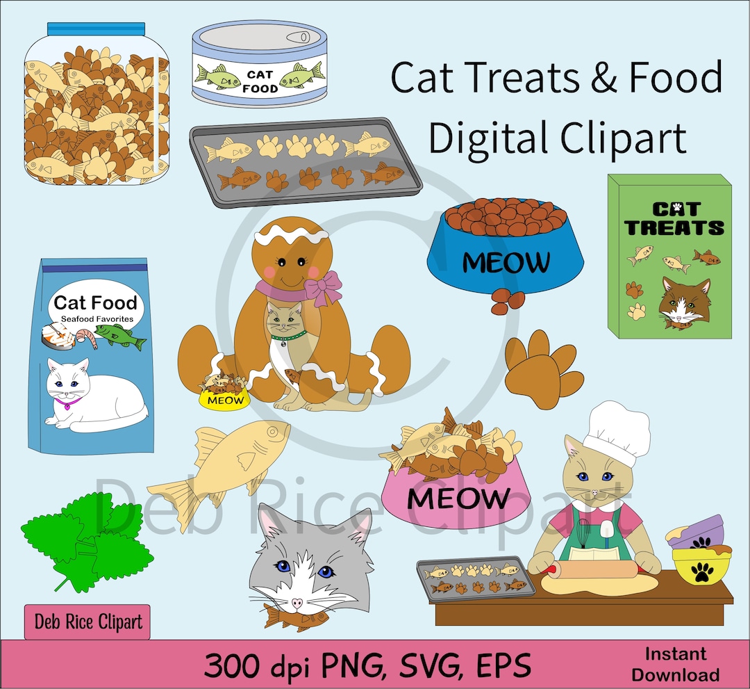 Cat Treats & Food Digital Clipart Chef Cat Baking Treats, Cat Food Bag ...