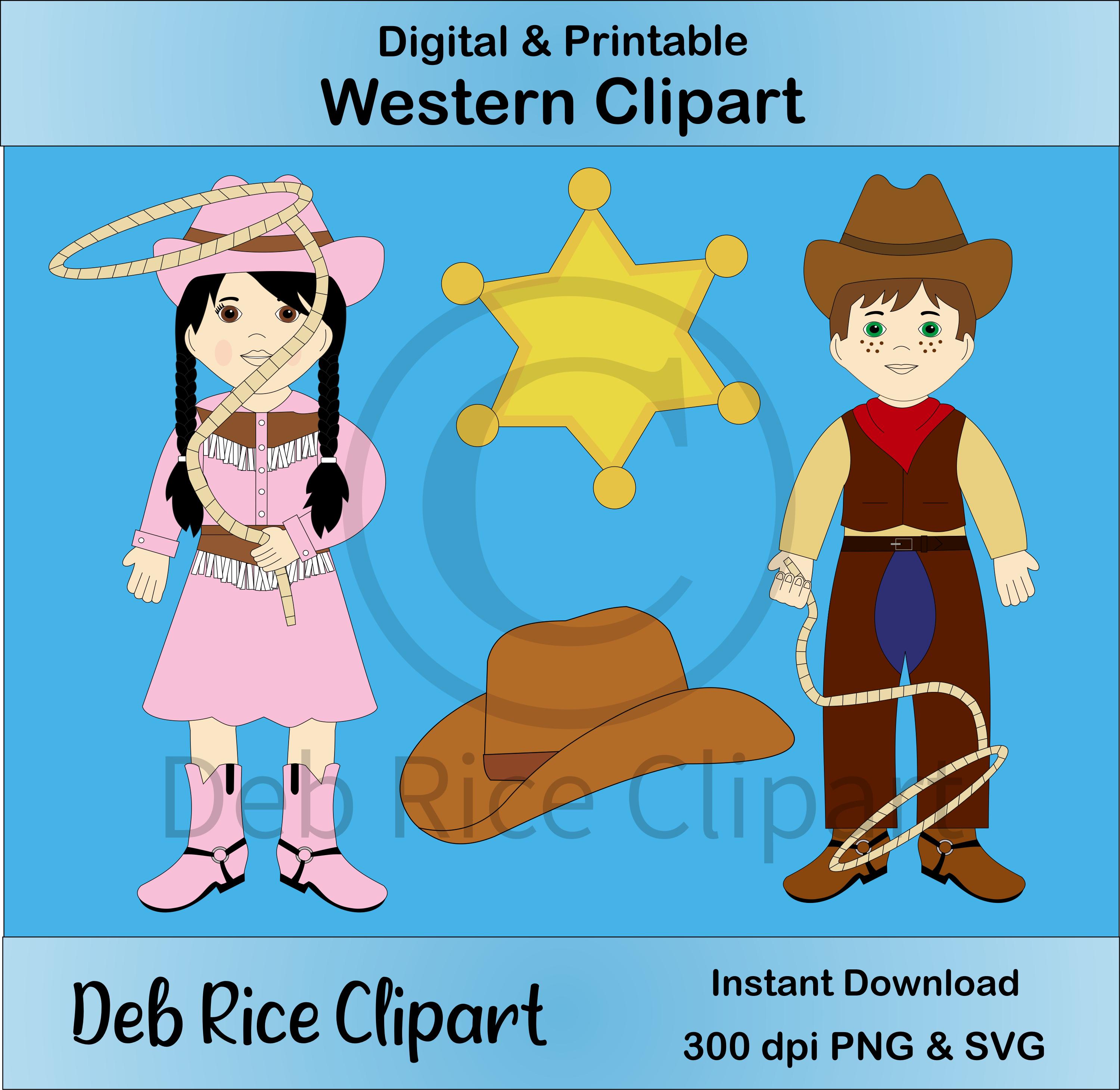 Western Clipart Lasso, Cowgirl, Cowboy, Bank Robber, Revolver, Cactus ...