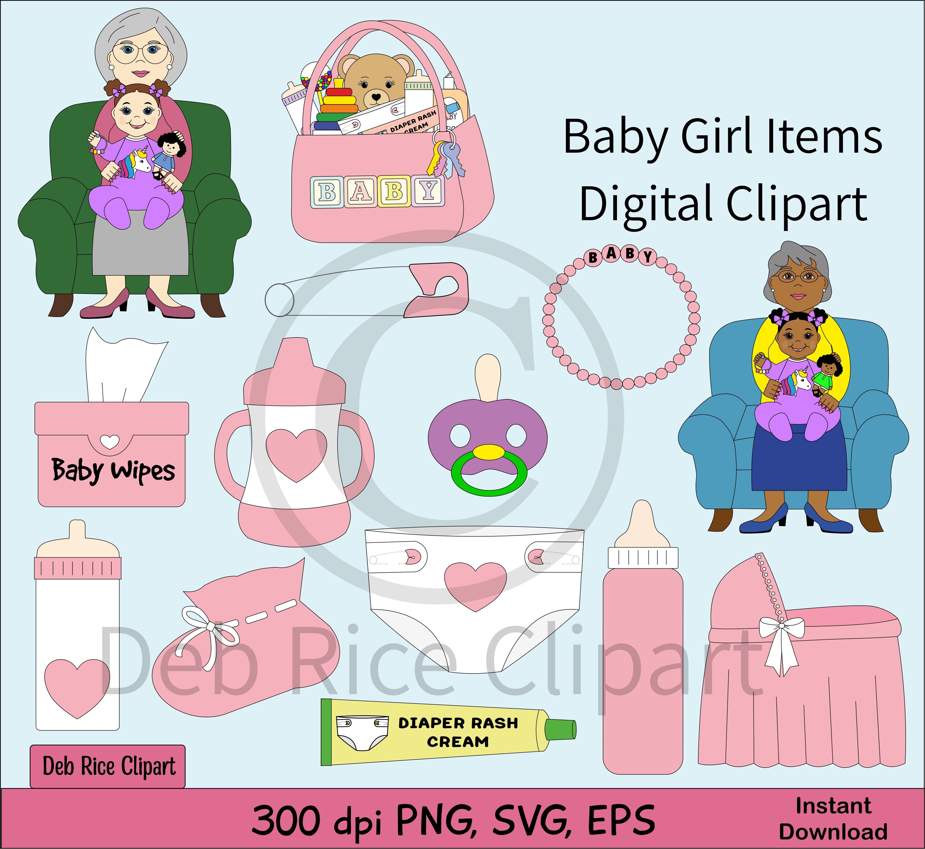 Baby Girl Items Digital Clipart Diaper, Sippy Cup, Diaper Rash Cream ...