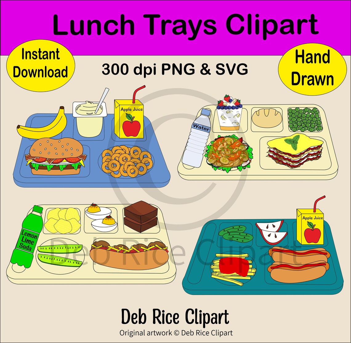 Lunch Trays Clipart - Cafeteria Foods, PNG, EPS, SVG, Instant Digital ...